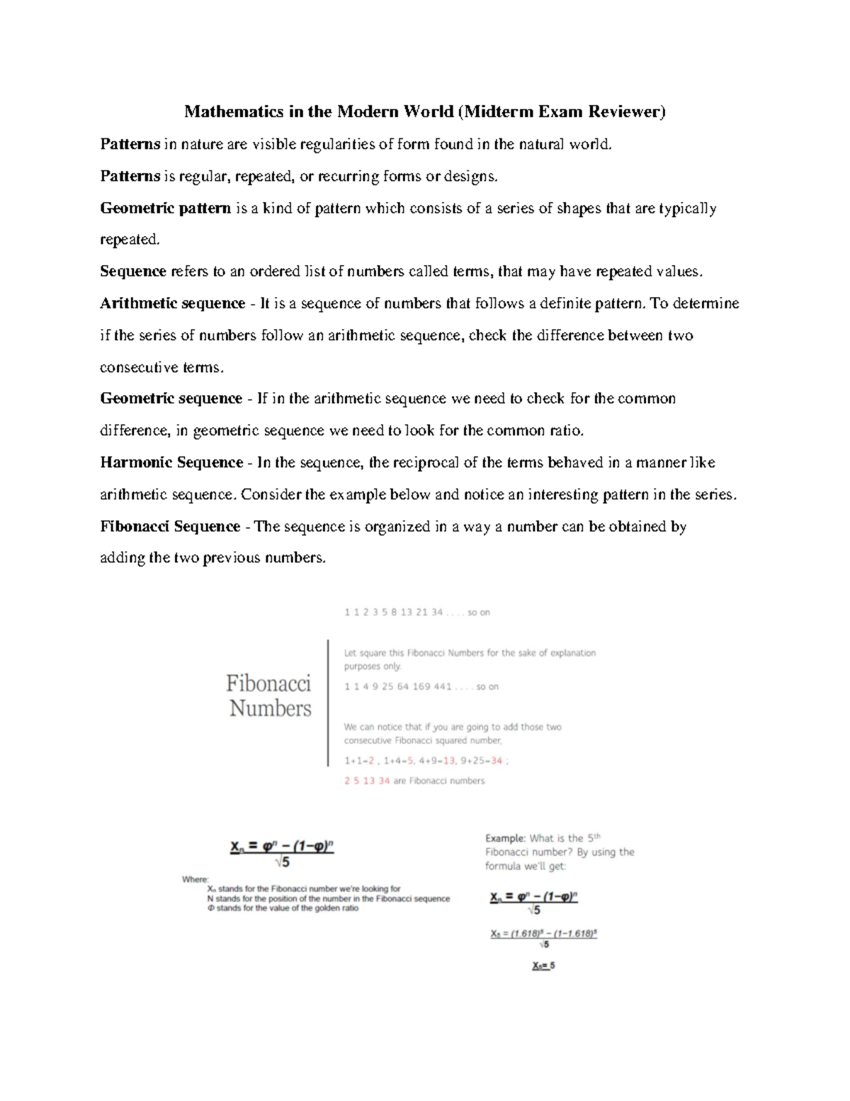 Midterm Exam Reviewer MMW - Mathematics in the Modern World (Midterm Exam Reviewer) Patterns in ...