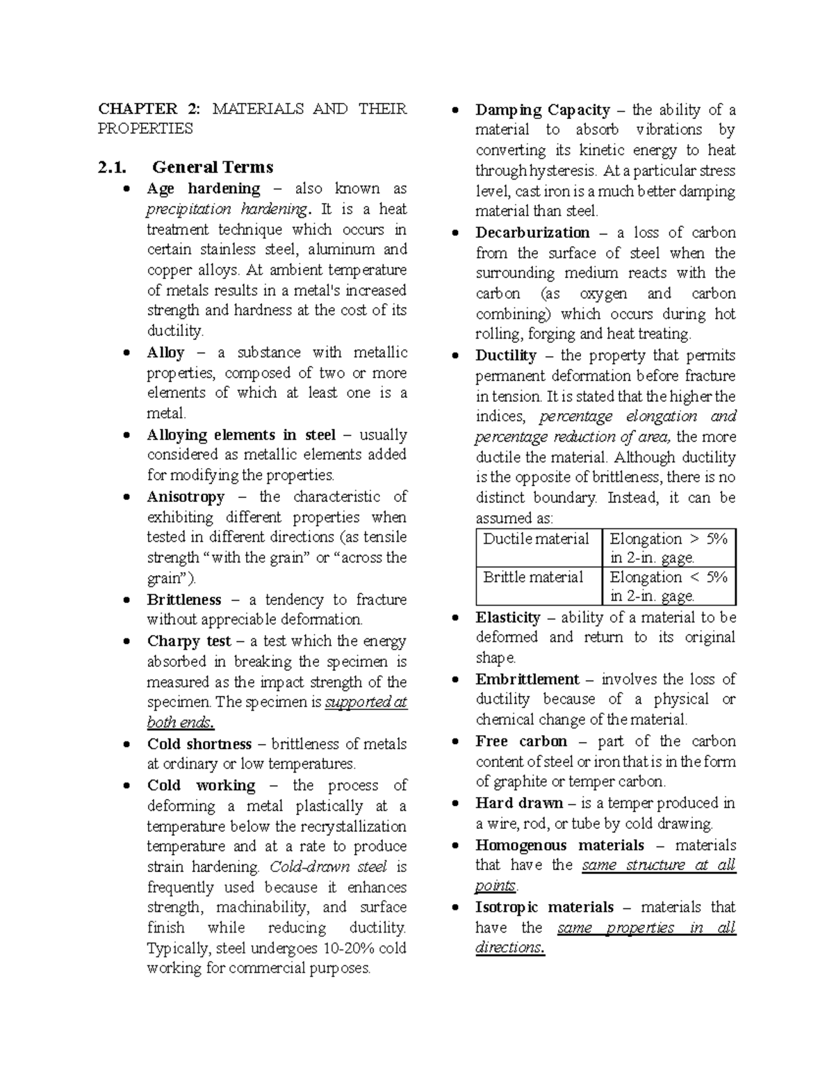 CHAPTER 2: MATERIALS AND THEIR PROPERTIES - Summary Notes - Studocu