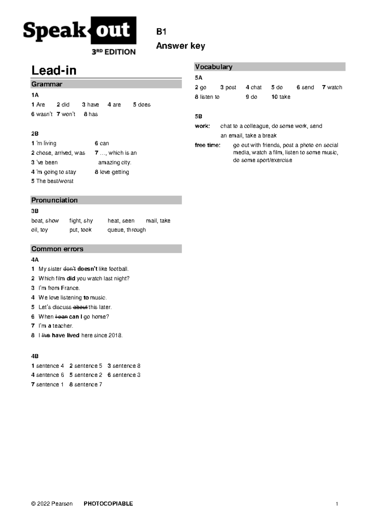 Speakout 3rd Edition B1 Student's Book Keys - Answer key Lead-in ... Speakout 3rd Edition B1 Student's Book Keys - Answer key Lead-in ...