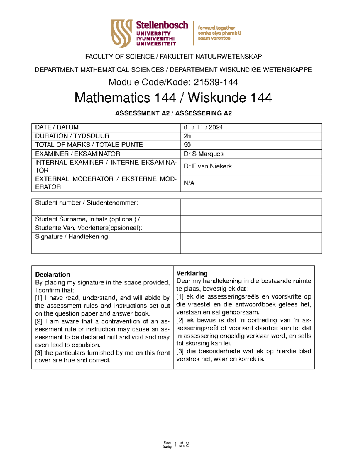 Maths 144 A2 2024-2 - Practice Exam Instructions and Questions - Studocu