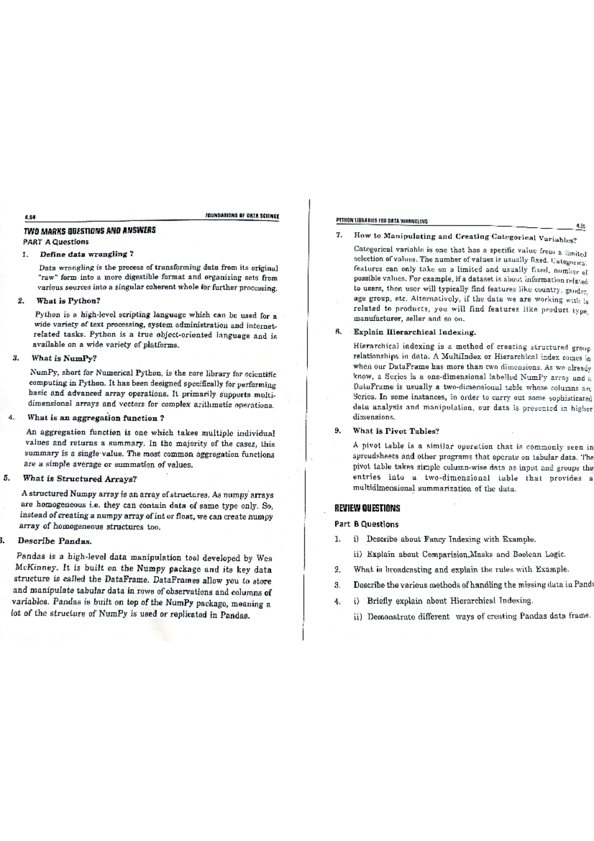 Fds ans - GOOD - 4 FOUNDATIONS OF DATA SCIENCE PYTHON LIBRARIES FOR DATA WRANGLING 4 TWO MARKS ...