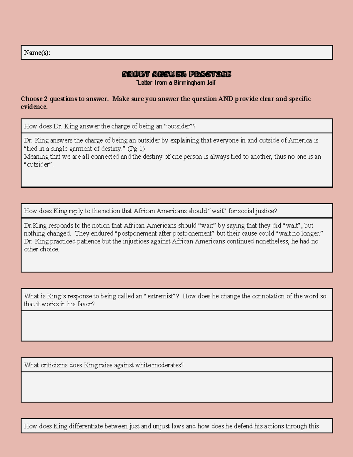 SCR Responses: Short Answer Practice on Dr. King's Philosophy - Studocu