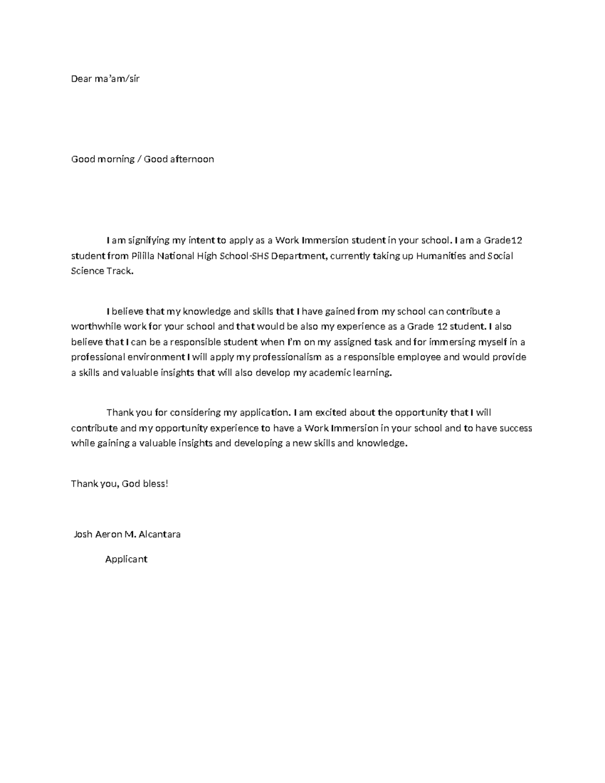Application Letter for Work Immersion Opportunity - Grade 12 - Studocu