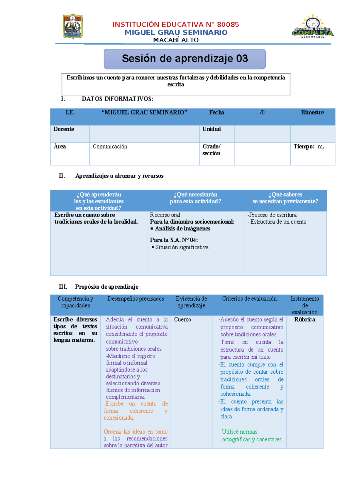 Escribimos un cuento sobre tradiciones orales - I.E. 80085 Miguel Grau ...