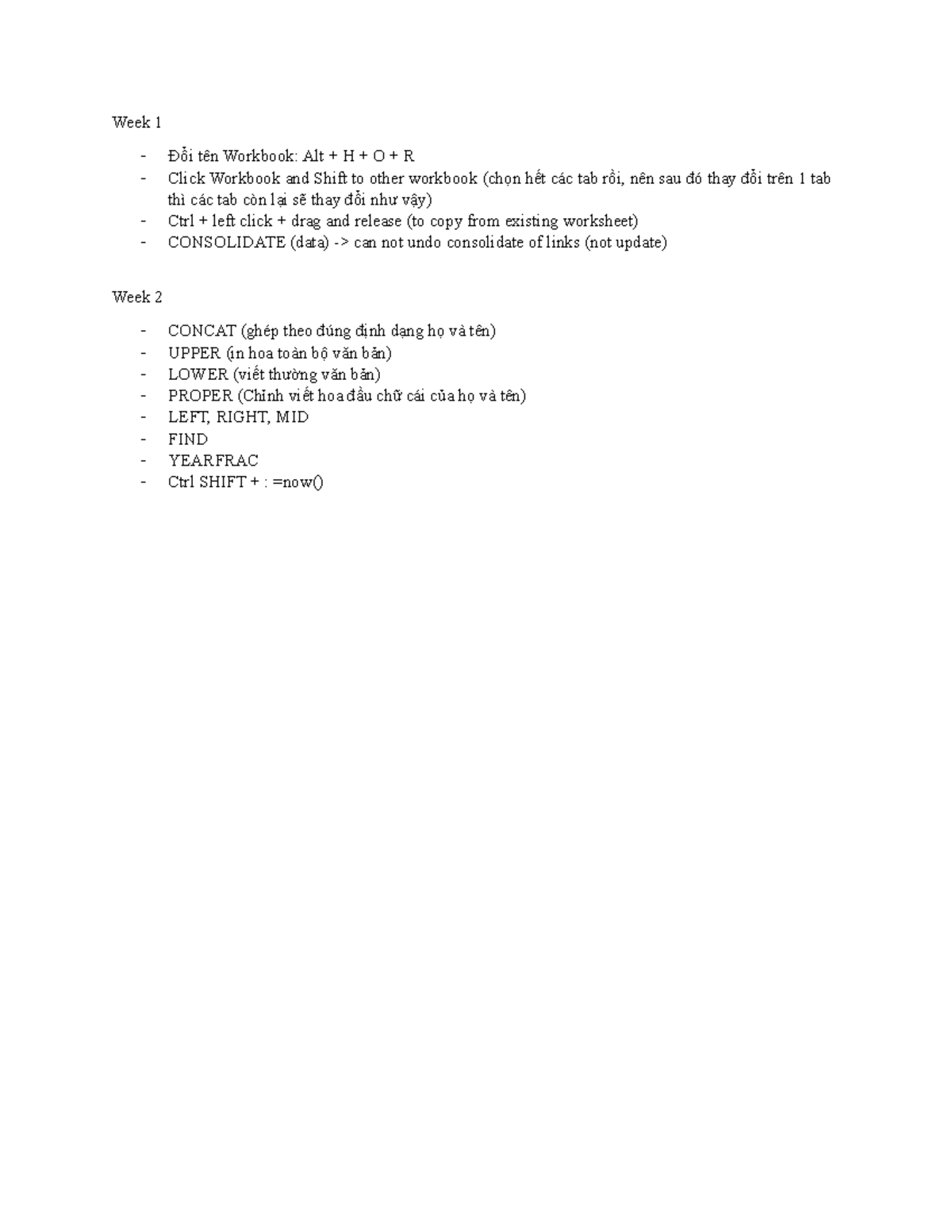 NOTE - Week 1 - Đổi tên Workbook: Alt + H + O + R - Click Workbook and ...