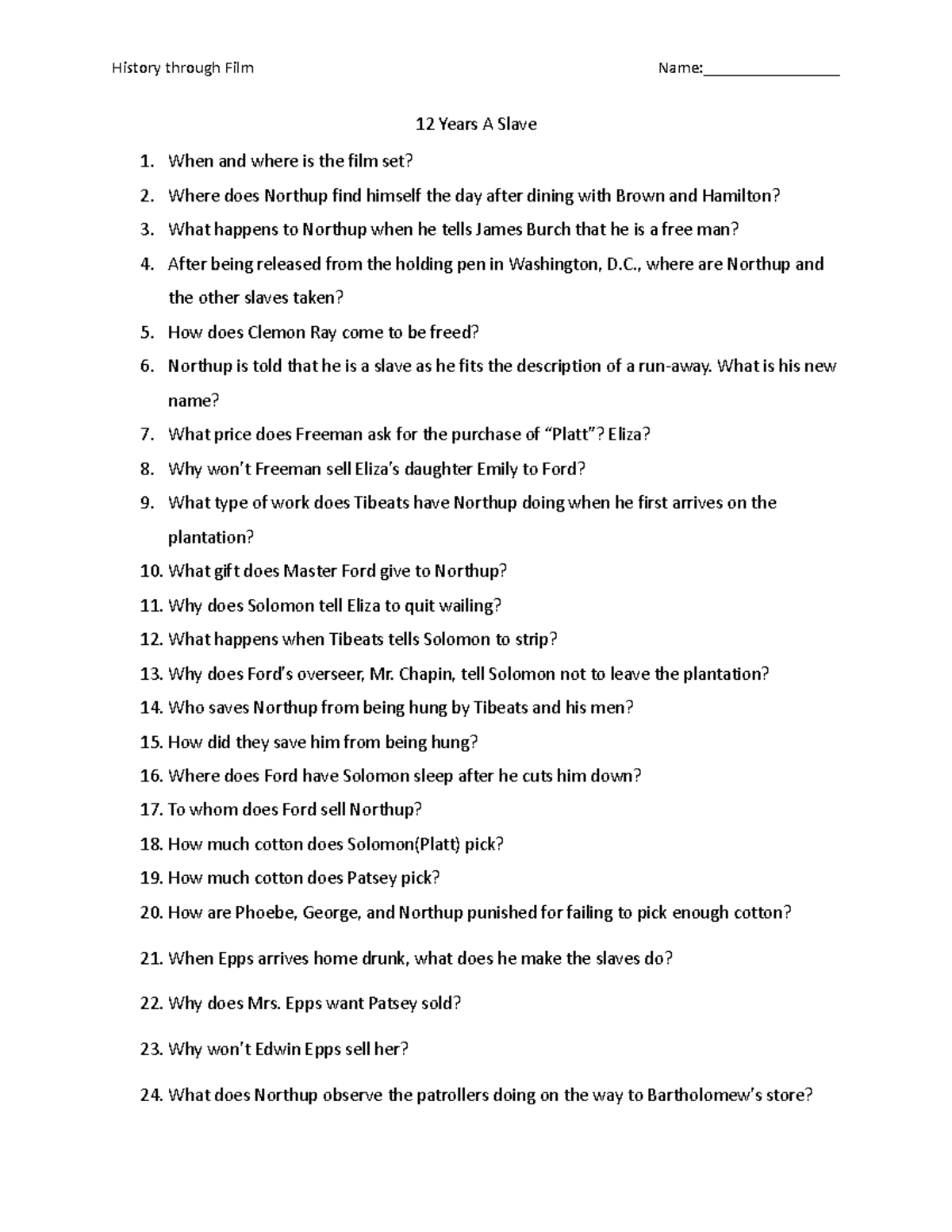 12 Years A Slave: Discussion Questions for History Film Study - Studocu