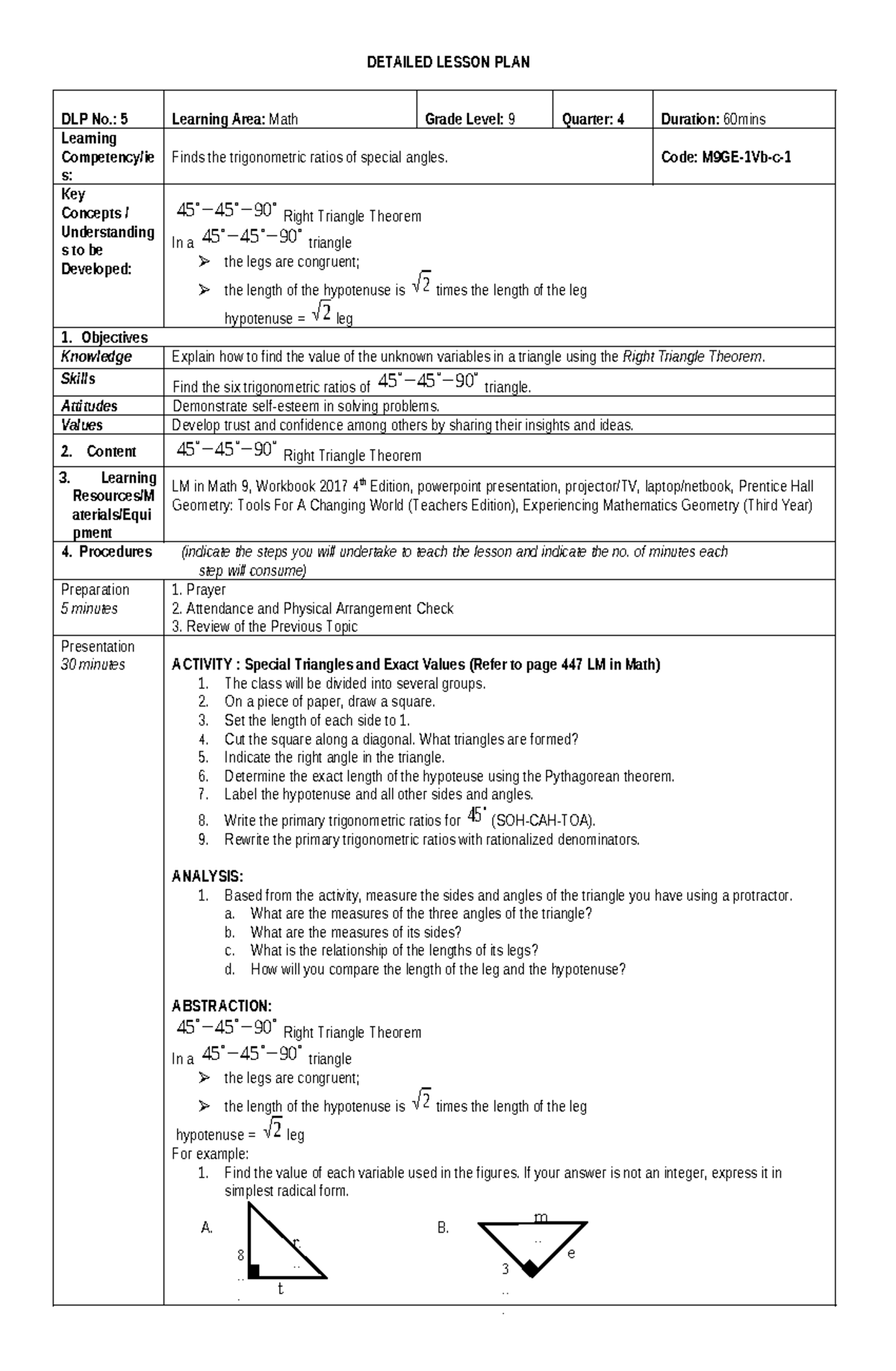 DLP Math 9 - Trigonometric Ratios of Special Angles Lesson Plan - Studocu