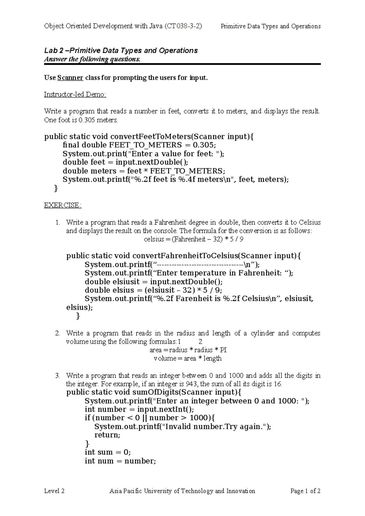 Tutorial Lab 2: Java OOP Data Types & Operations Practice Notes - Studocu