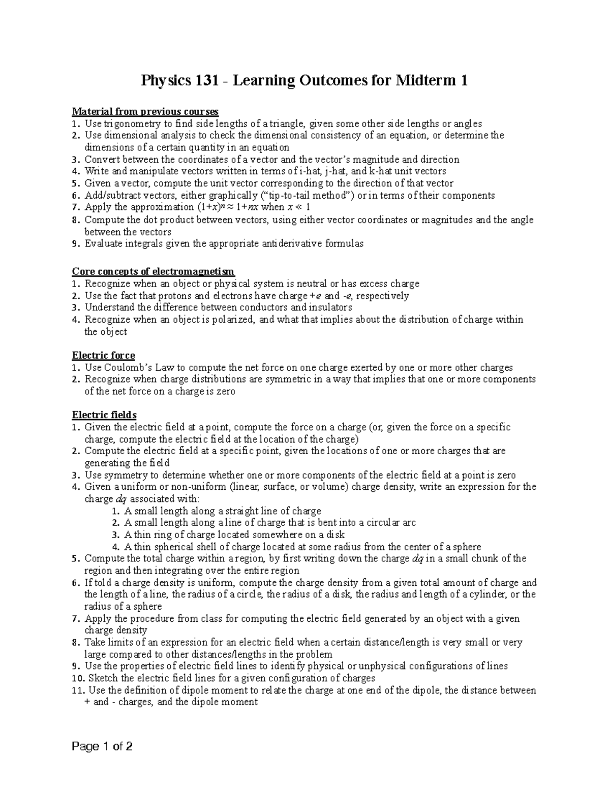 Physics 131 - Midterm 1 Learning Outcomes and Electromagnetic Concepts ...