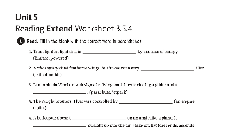 Unit 5 Reading Extend Worksheet 3.5.4: Flight Adaptations and Machines ...