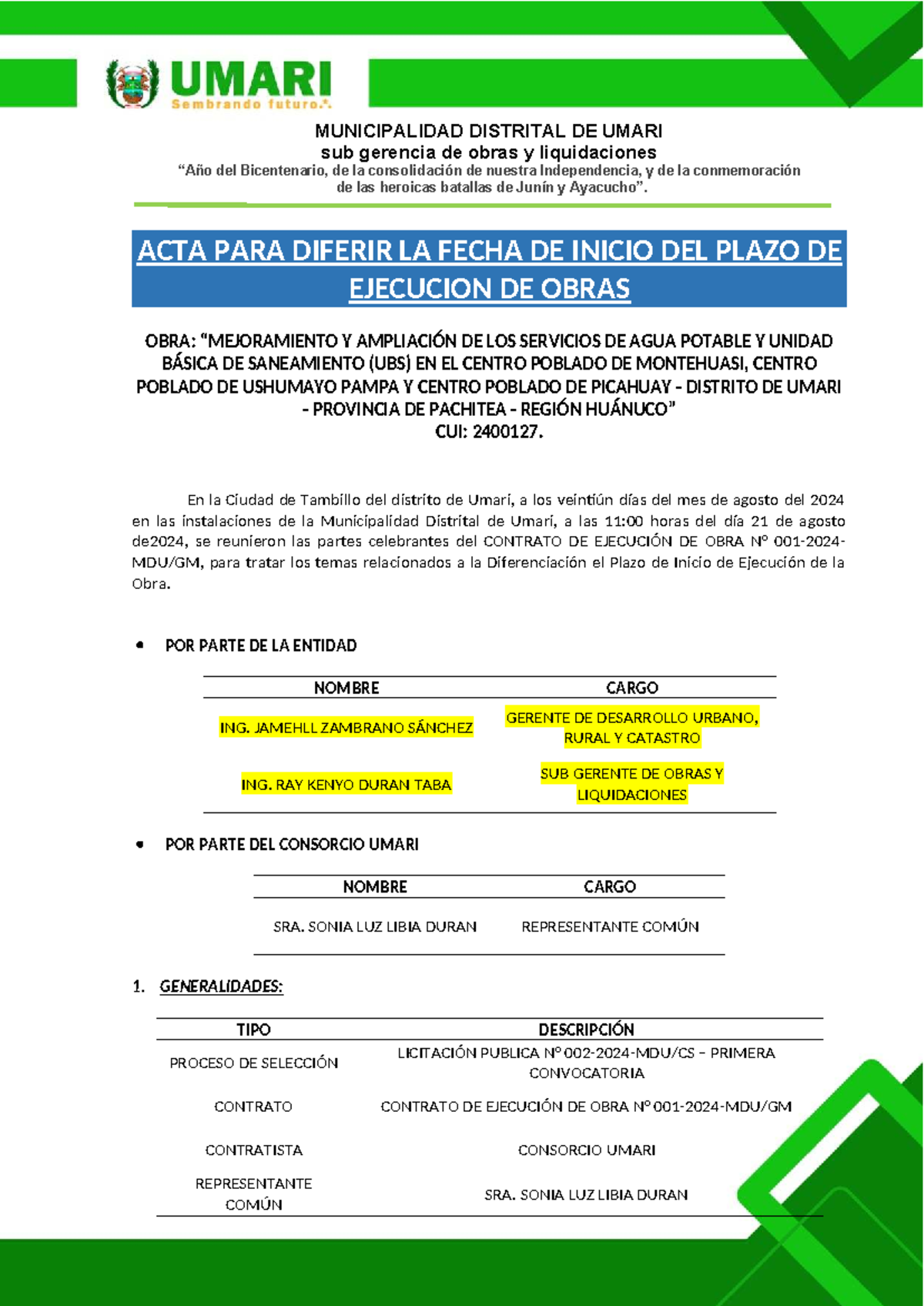 ACTA PARA DIFERIR INICIO DE OBRAS - MDU 2400127 - Studocu