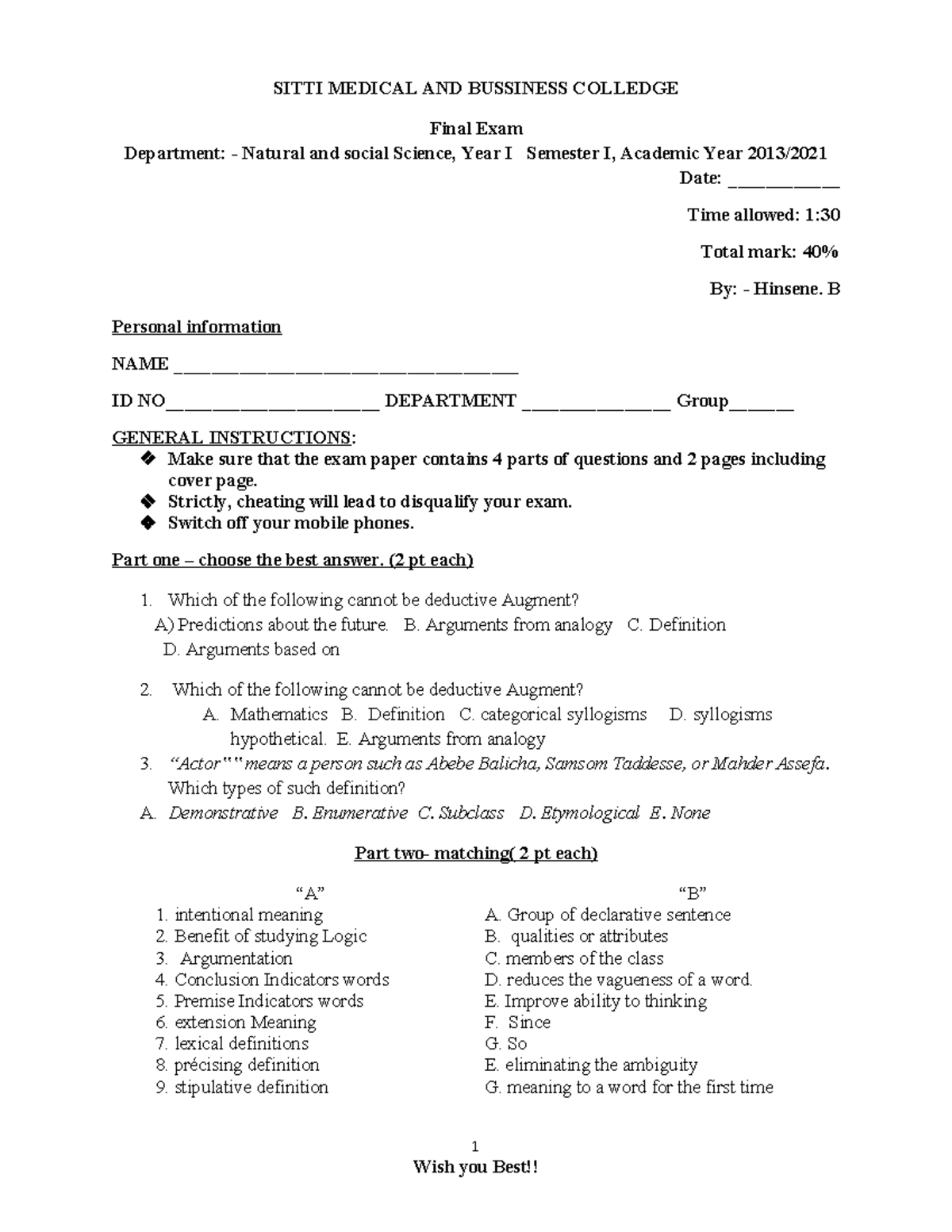 SITTI MEDICAL AND BUSINESS COLLEGE Final Exam: Natural & Social Science ...