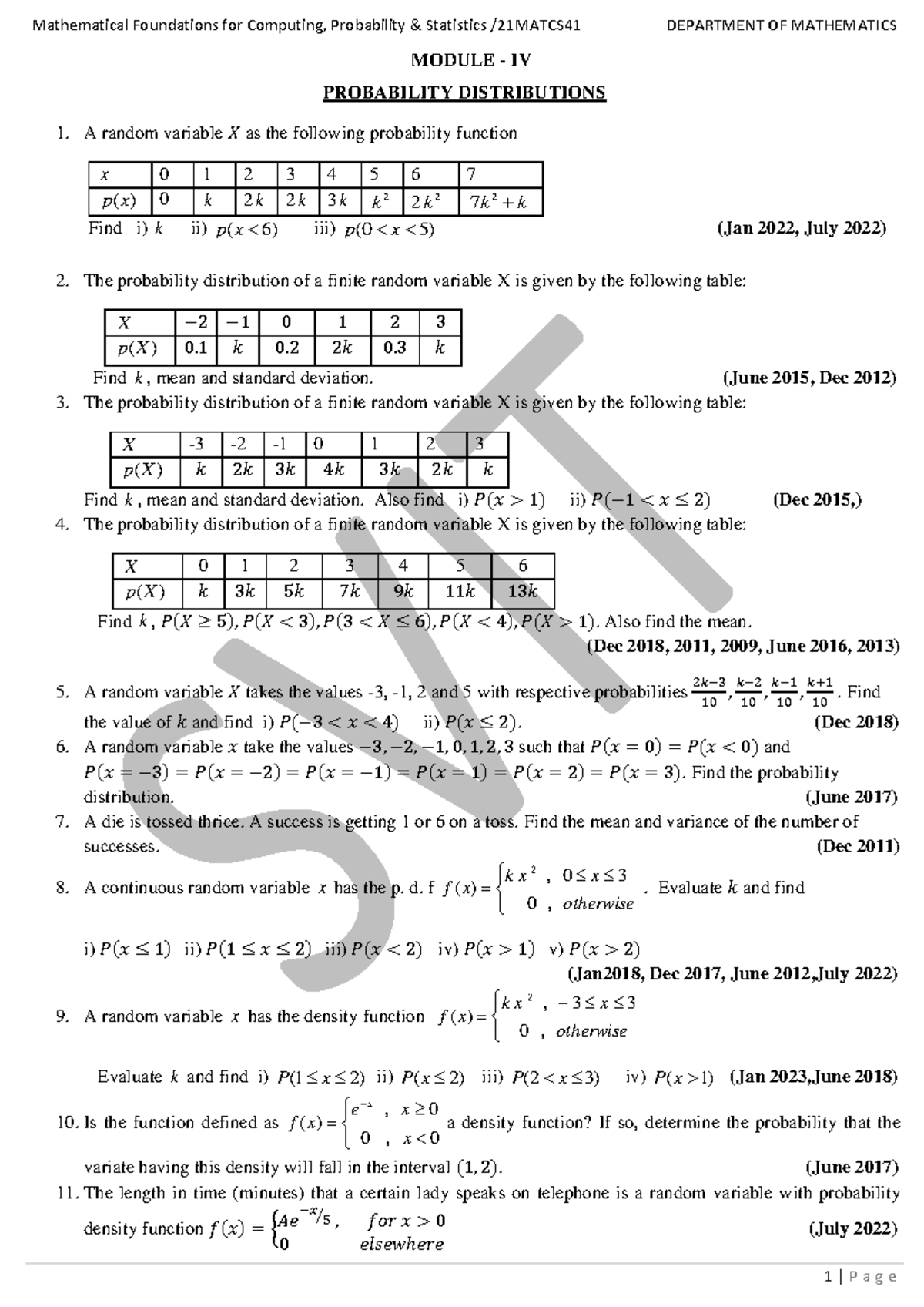 Mathematical Foundations for Computing: Probability Distribution QBank ...