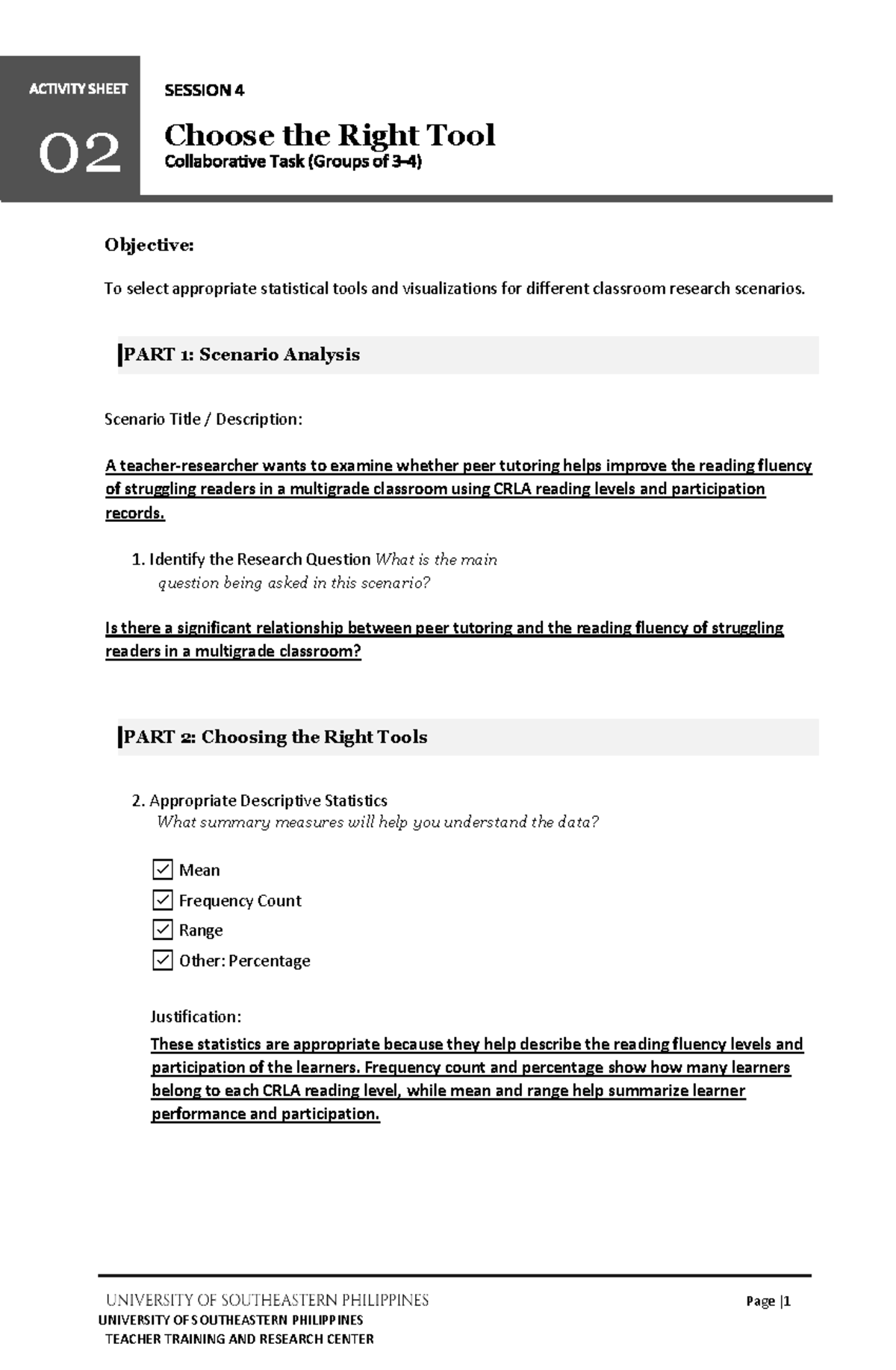Activity Sheet 02: Selecting Statistical Tools for Classroom Research ...