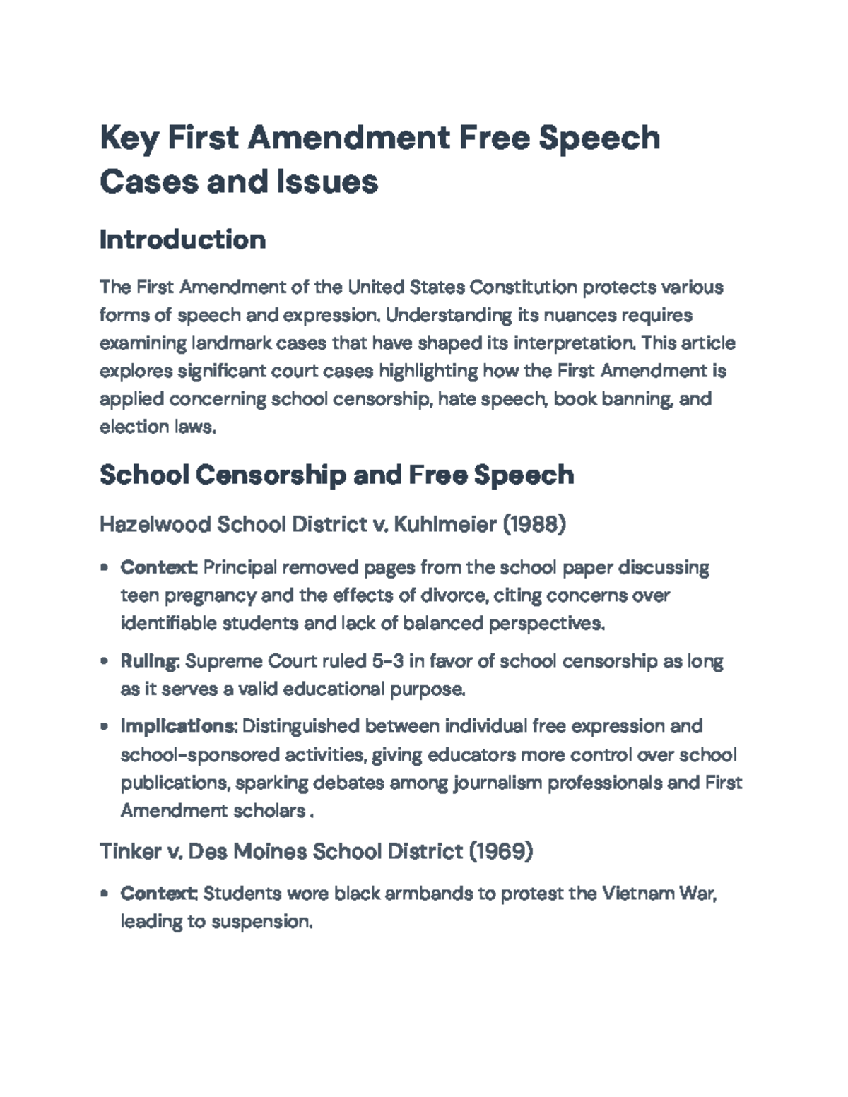 Key First Amendment Free Speech Cases and Issues Analysis - Key First ...