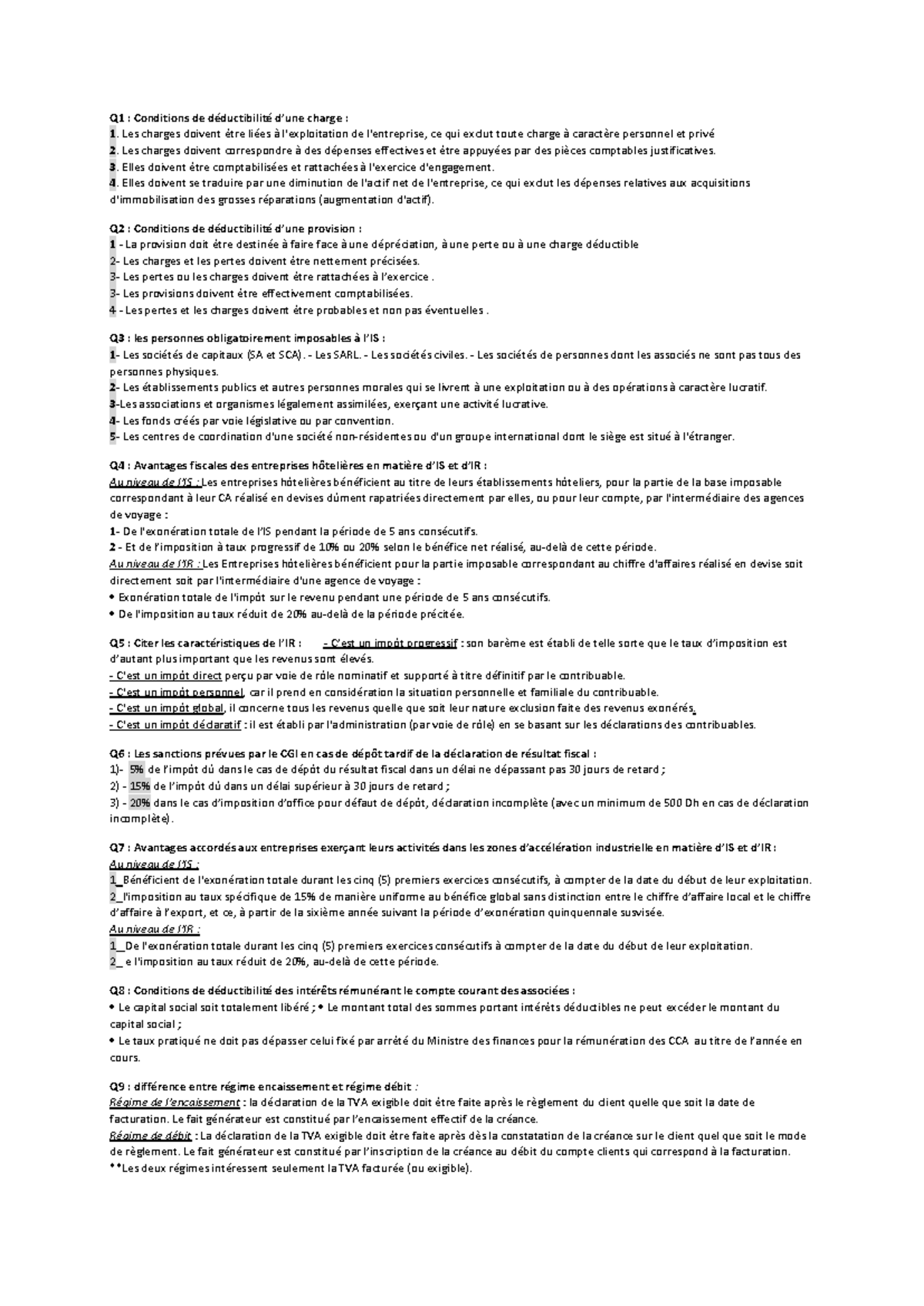 QST DE Cours fisca - Q1 : Conditions de déductibilité d’une charge ...