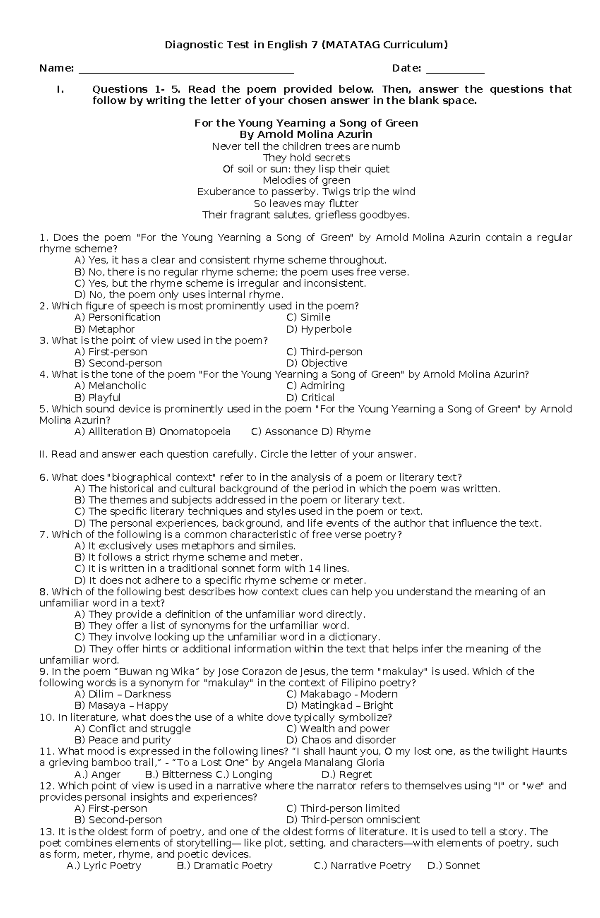 Diagnostic Test in English 7 (MATATAG Curriculum) with Answers - Studocu