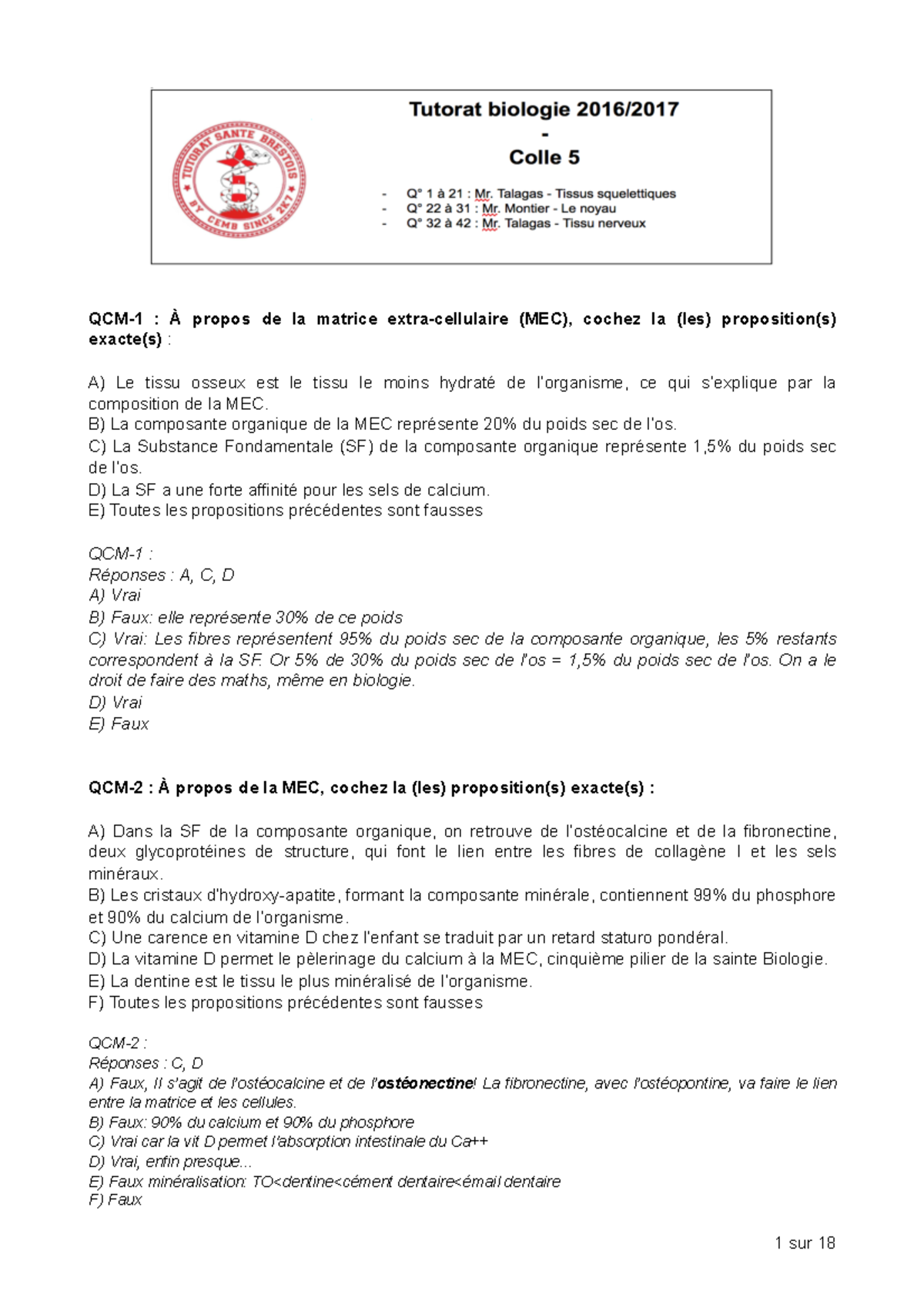 QCM de Biologie sur la Matrice Extracellulaire et les Tissus Osseux ...