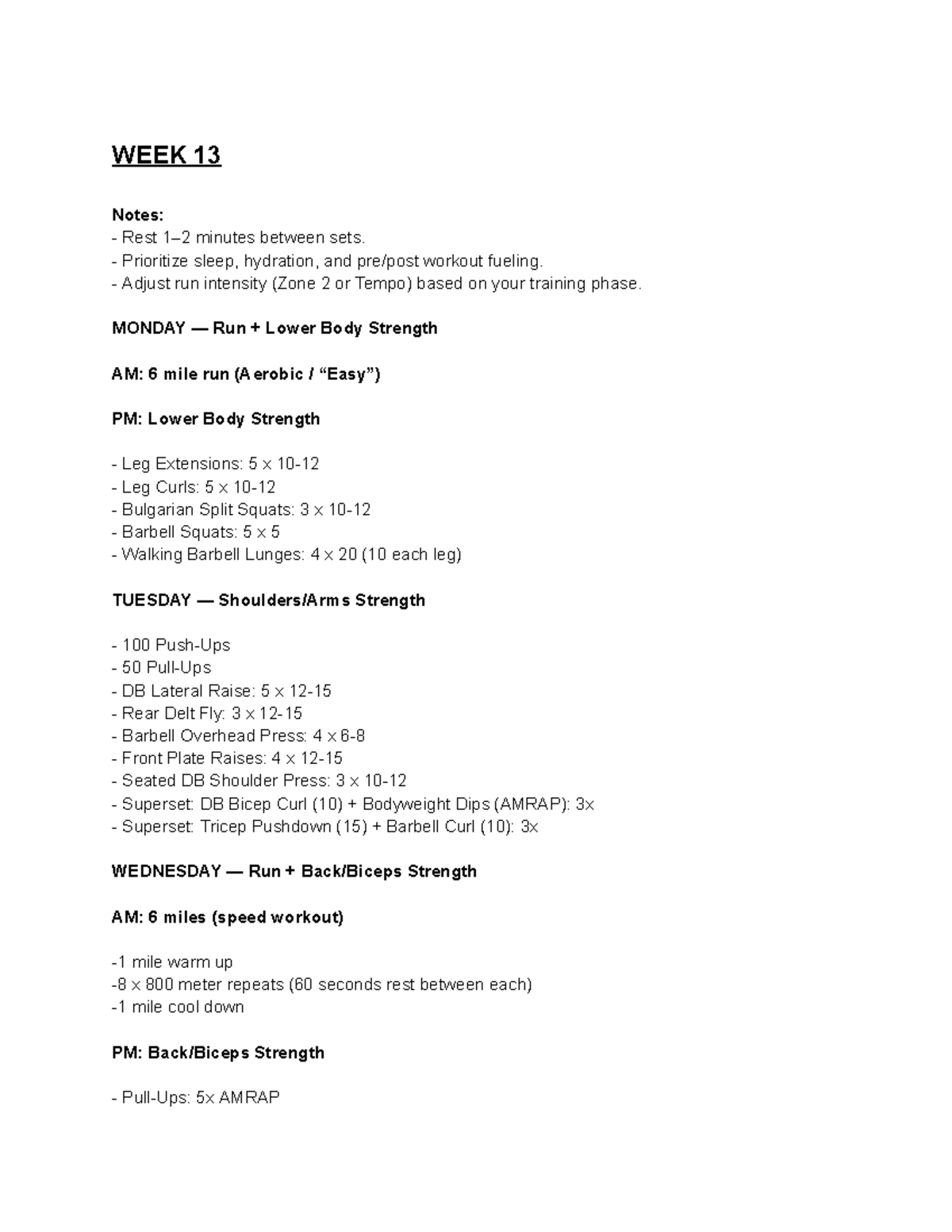 Week 13 Workout Notes: Run & Strength Training Plan - Studocu