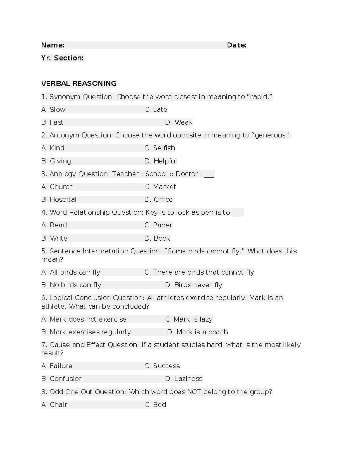 Verbal Reasoning Practice Questions - N/A - Studocu