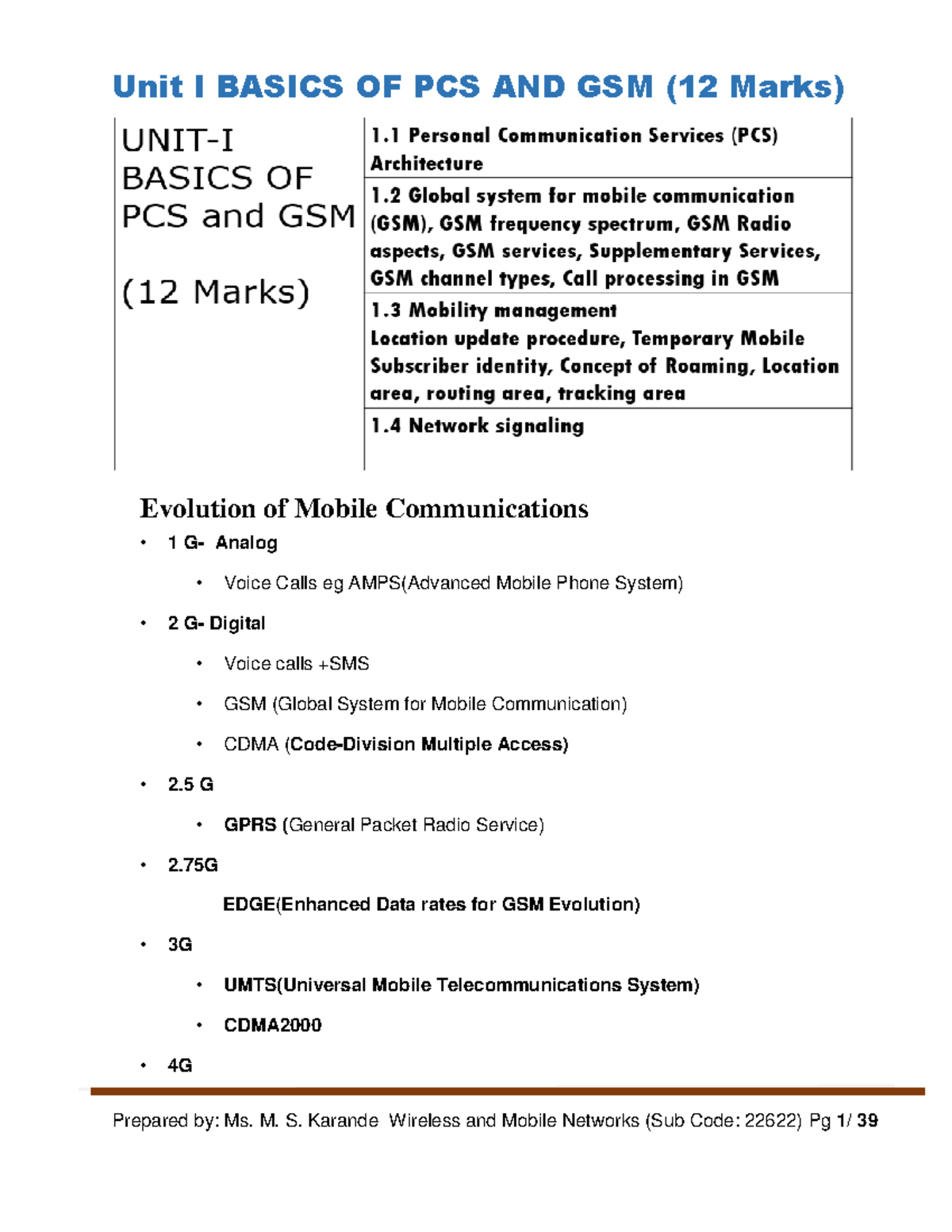 731638710 22622 WMN All units notes - Unit I BASICS OF PCS AND GSM (12 ...