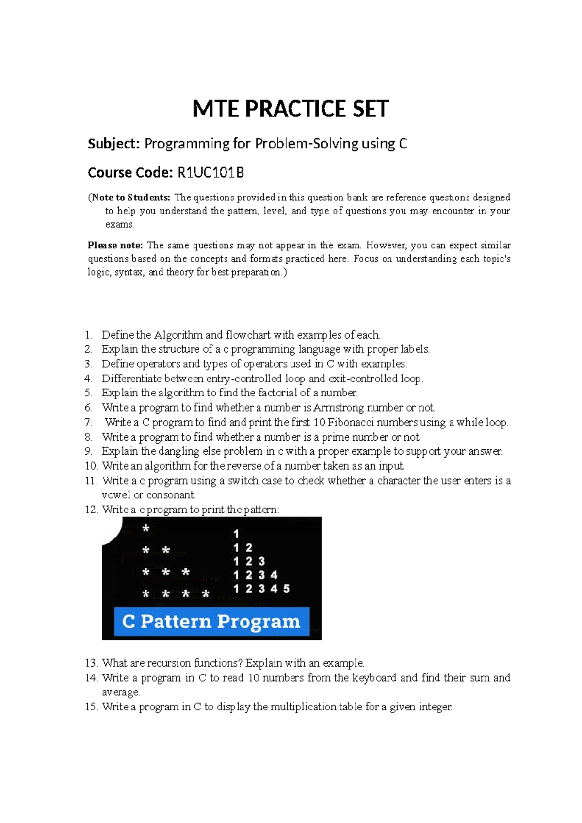 MTE R1UC101B C Programming Practice Set for Exam Preparation - Studocu