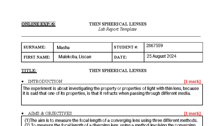 Exp06: Lab Report on Thin Spherical Lenses Analysis - Studocu