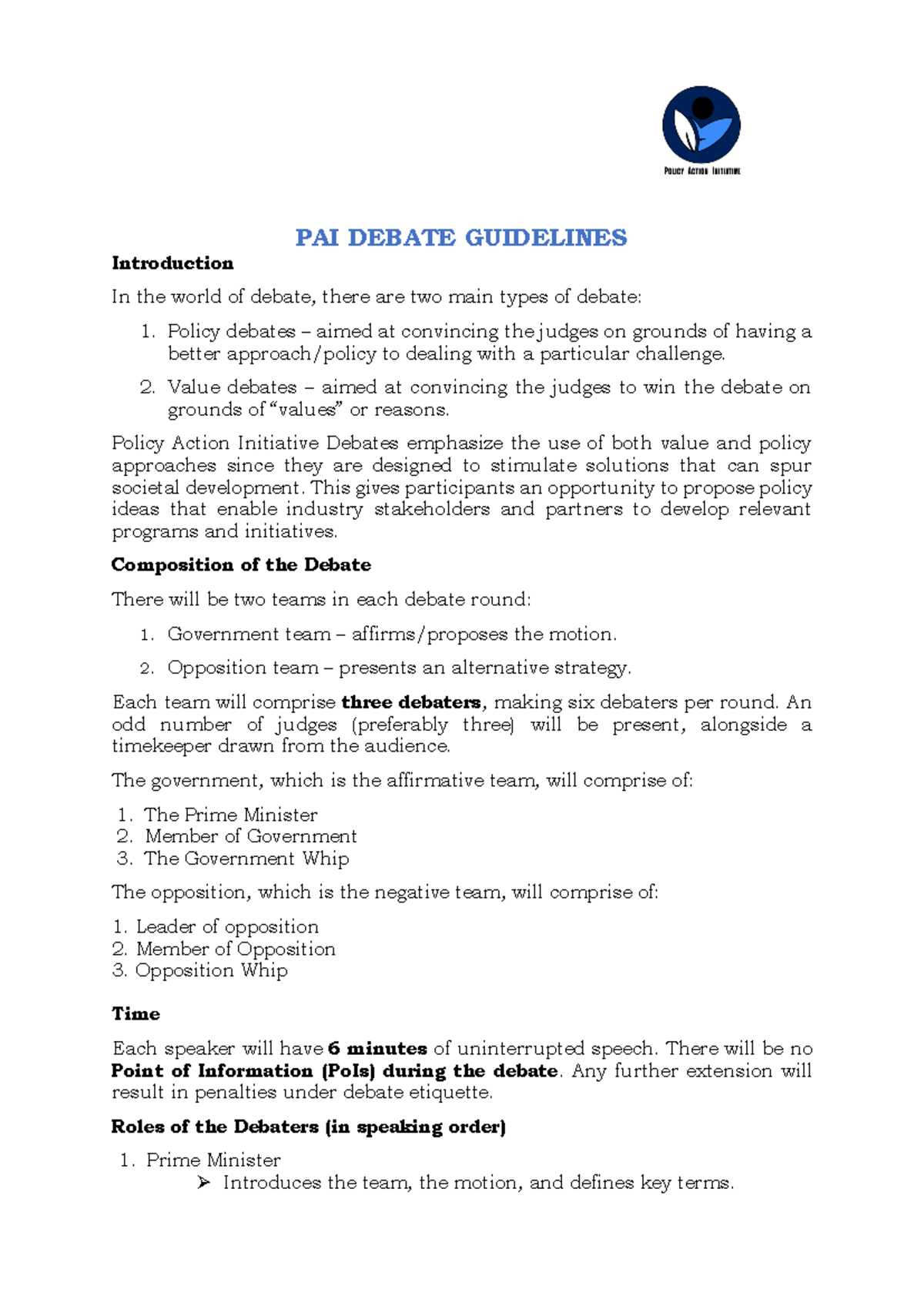 PAI DEBATE GUIDELINES: Structure and Roles Explained - Studocu