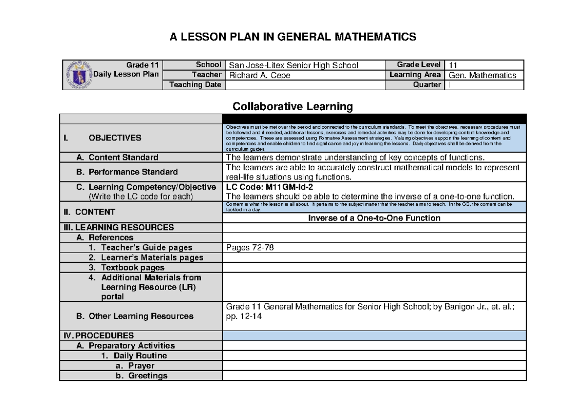General Math DLP: Inverse Functions (Grade 11) Lesson Plan - Studocu