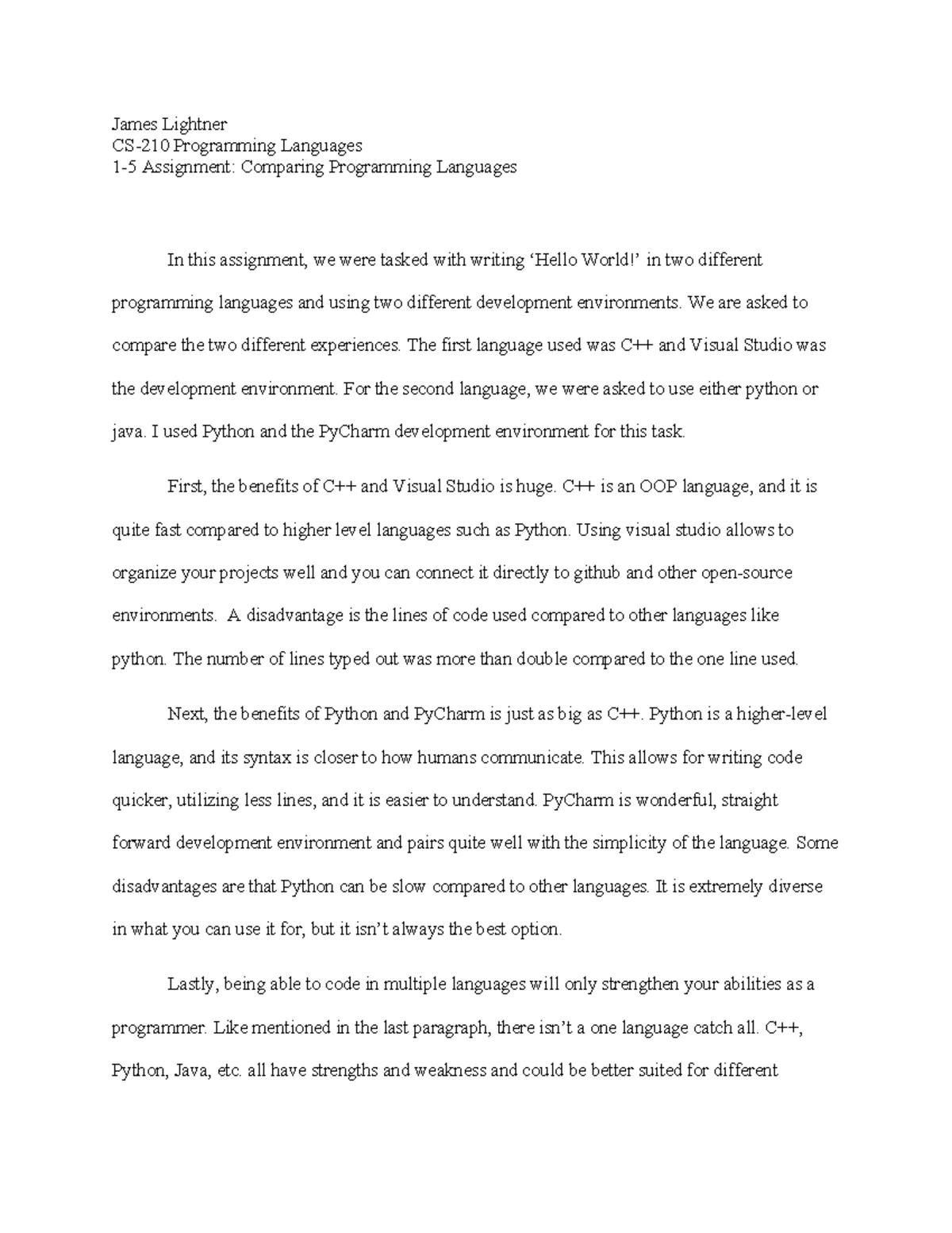 Cs 210 1 5 Assignment Comparing C And Python Programming Languages