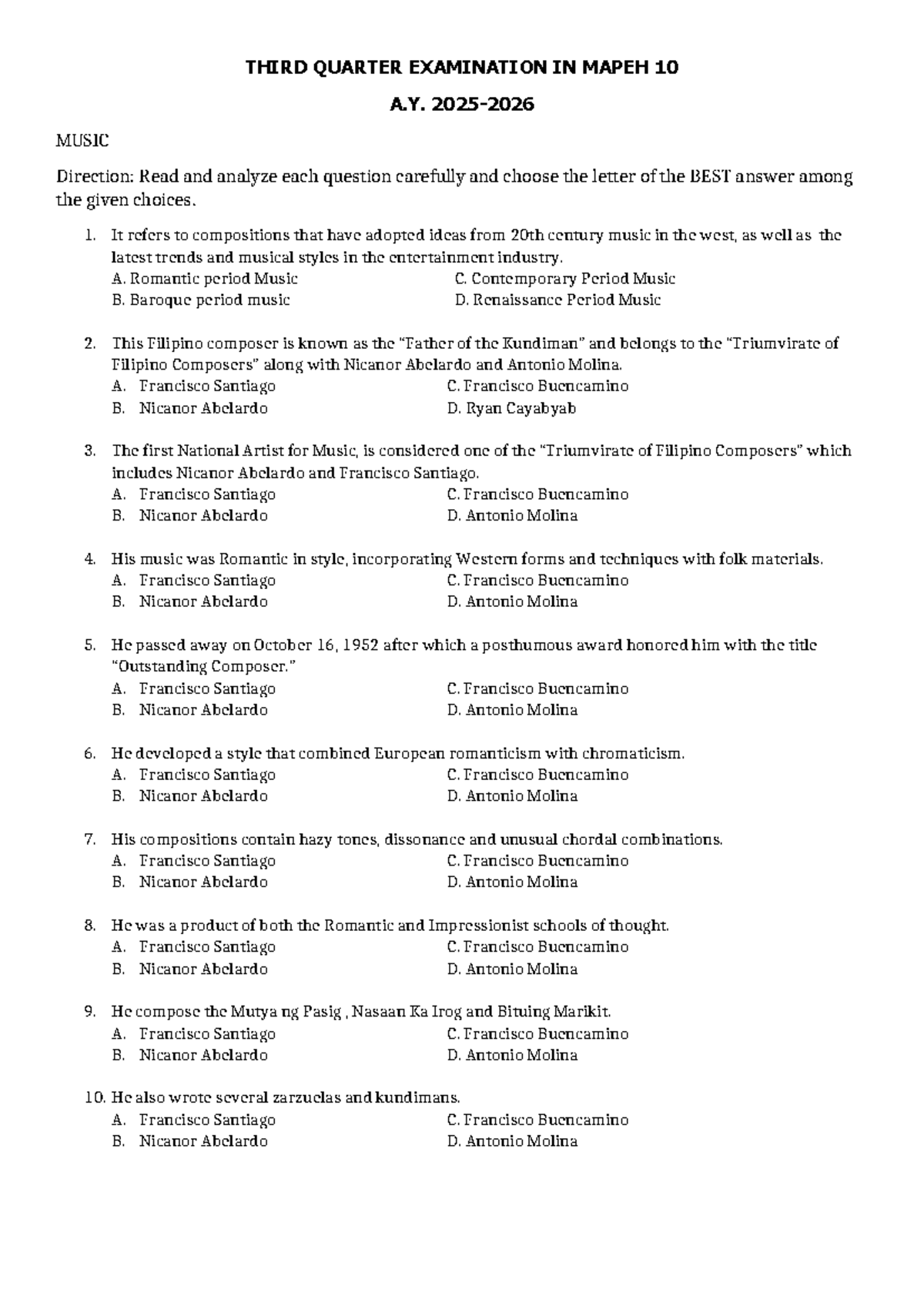 MAPEH 10 - Third Quarter Exam Review: Music, Arts, and PE - Studocu