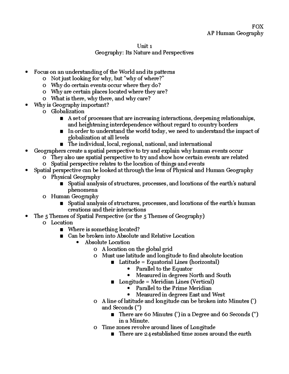 FOX AP Human Geography Unit 1: Geography's Nature & Perspectives Notes ...