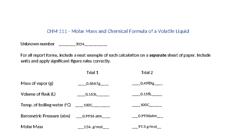 CHM Lab 6: Molar Mass & Chemical Formula of a Volatile Liquid - Studocu