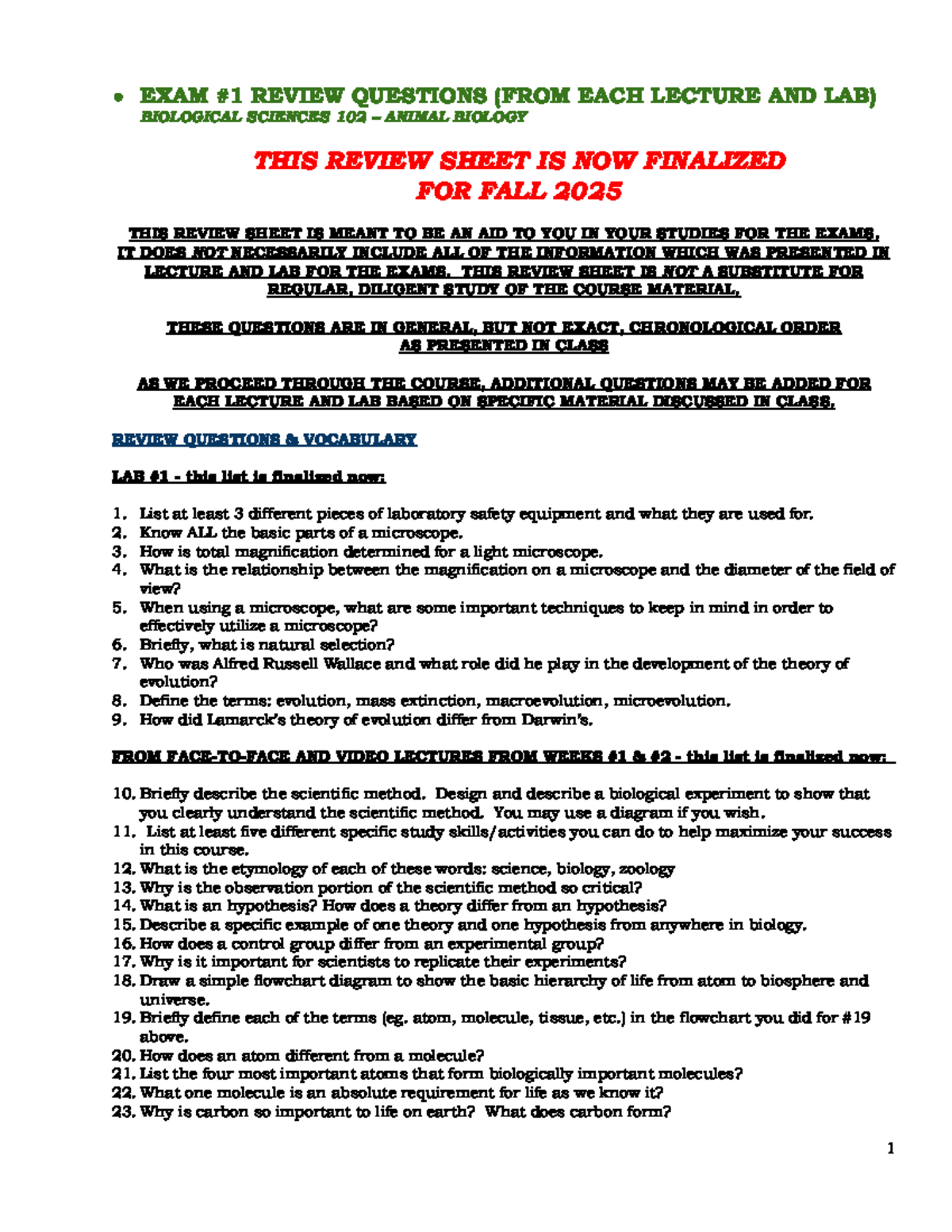 BIOL 102 - Final Exam Review Questions for Animal Biology (Fall 2025 ...