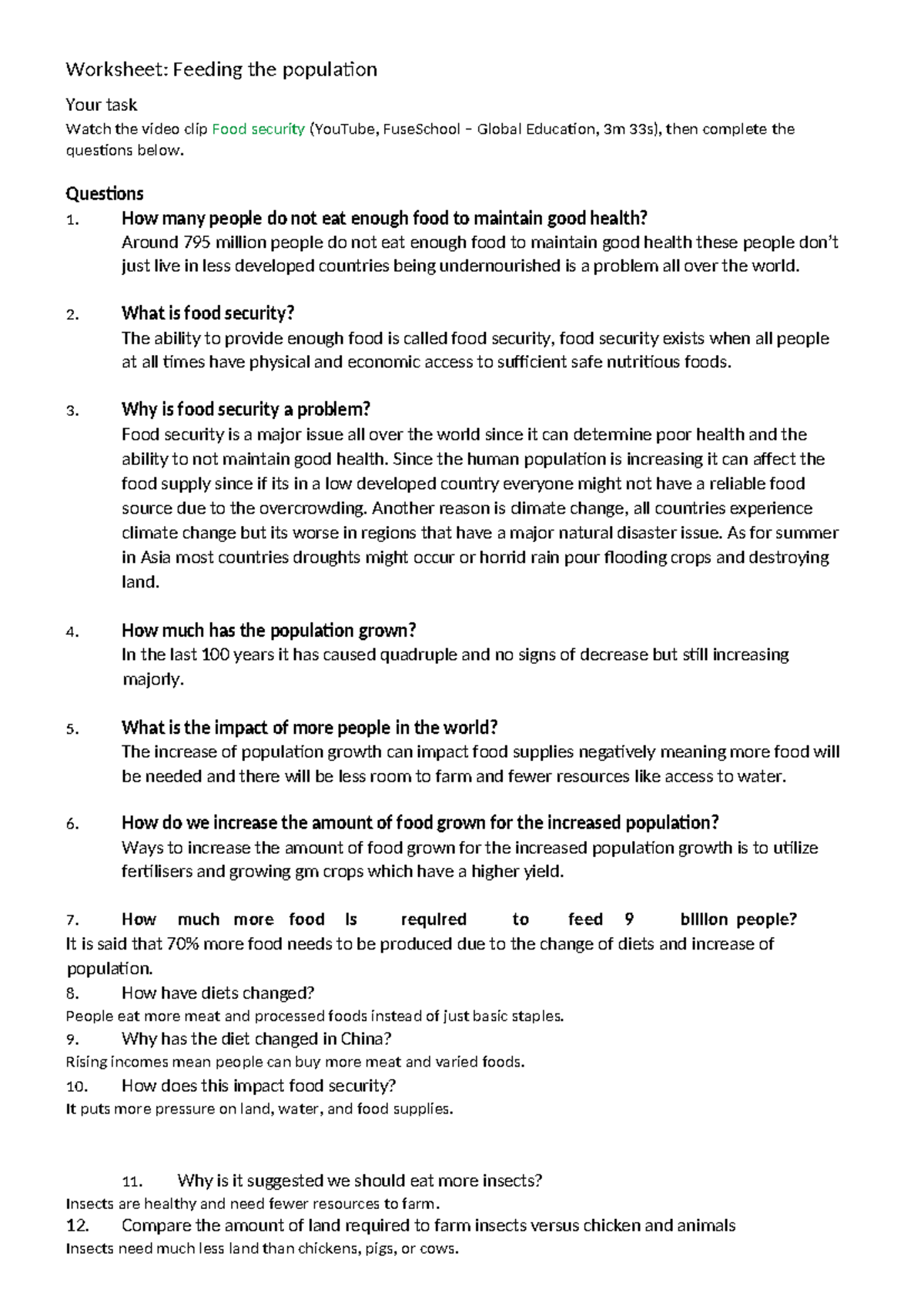 Worksheet: Food Security and Population Growth Analysis - Studocu