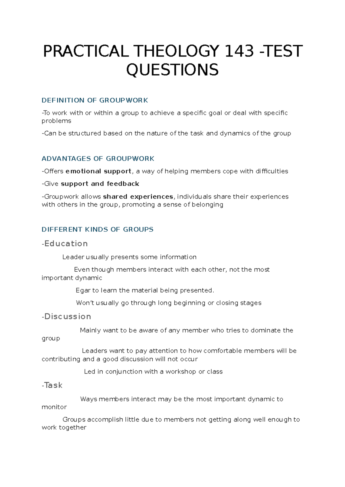 Study work Practical Theology - PRACTICAL THEOLOGY 143 -TEST QUESTIONS ...