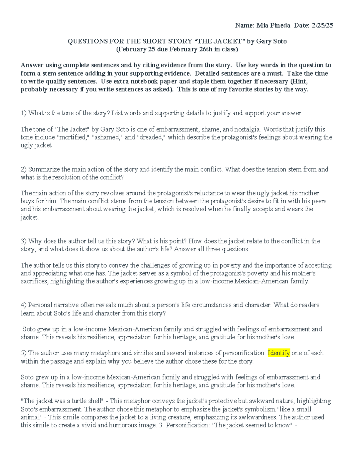Questions for Gary Soto's Short Story "The Jacket" - Lit Analysis - Studocu