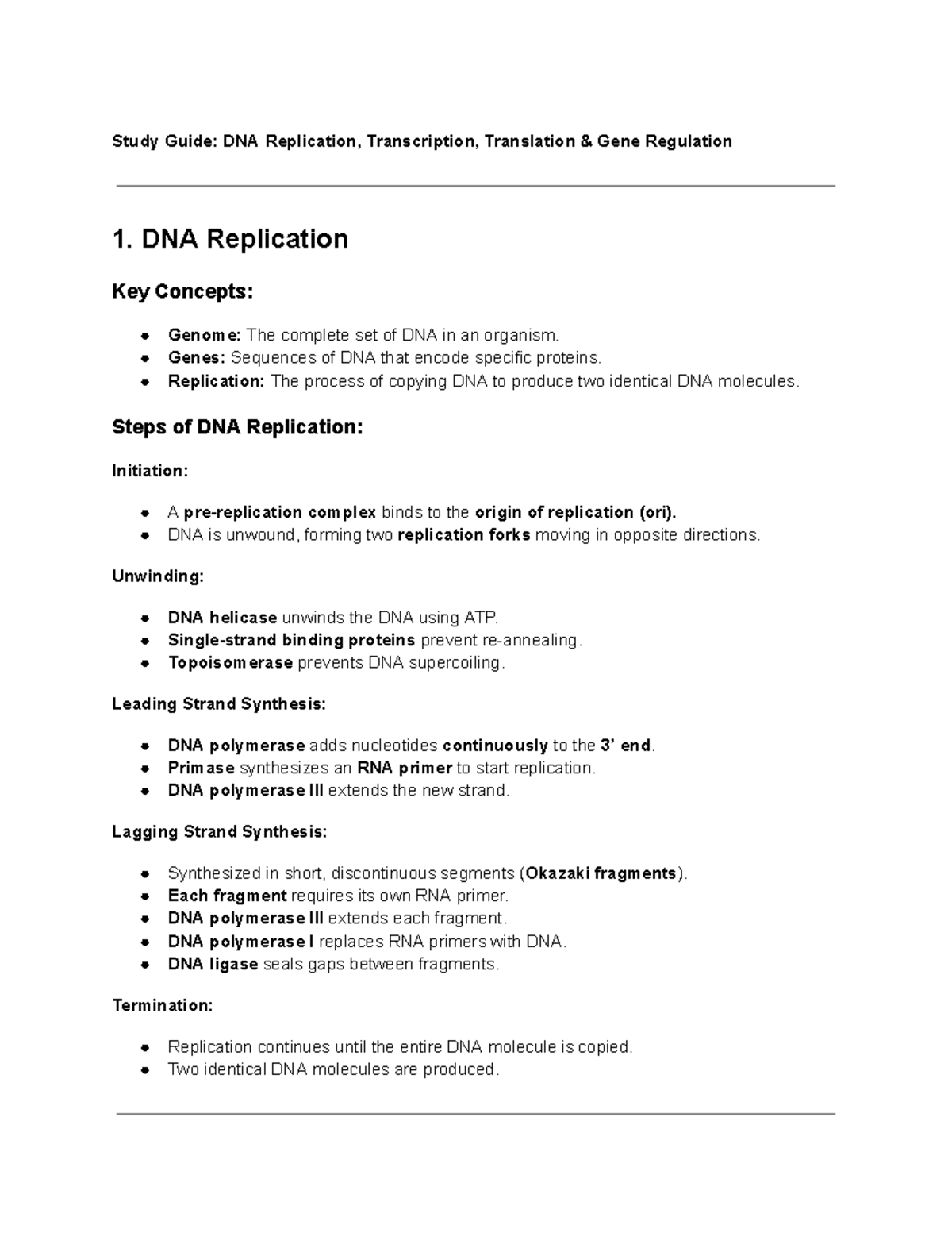 Bio Quiz 3 Notes: DNA Replication, Transcription, Translation & Gene ...