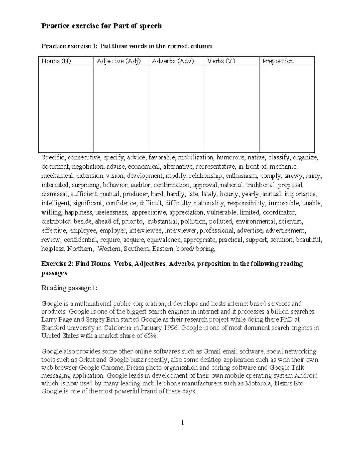 Part of Speech Practice Exercise: Nouns, Verbs, Adjectives, and More ...