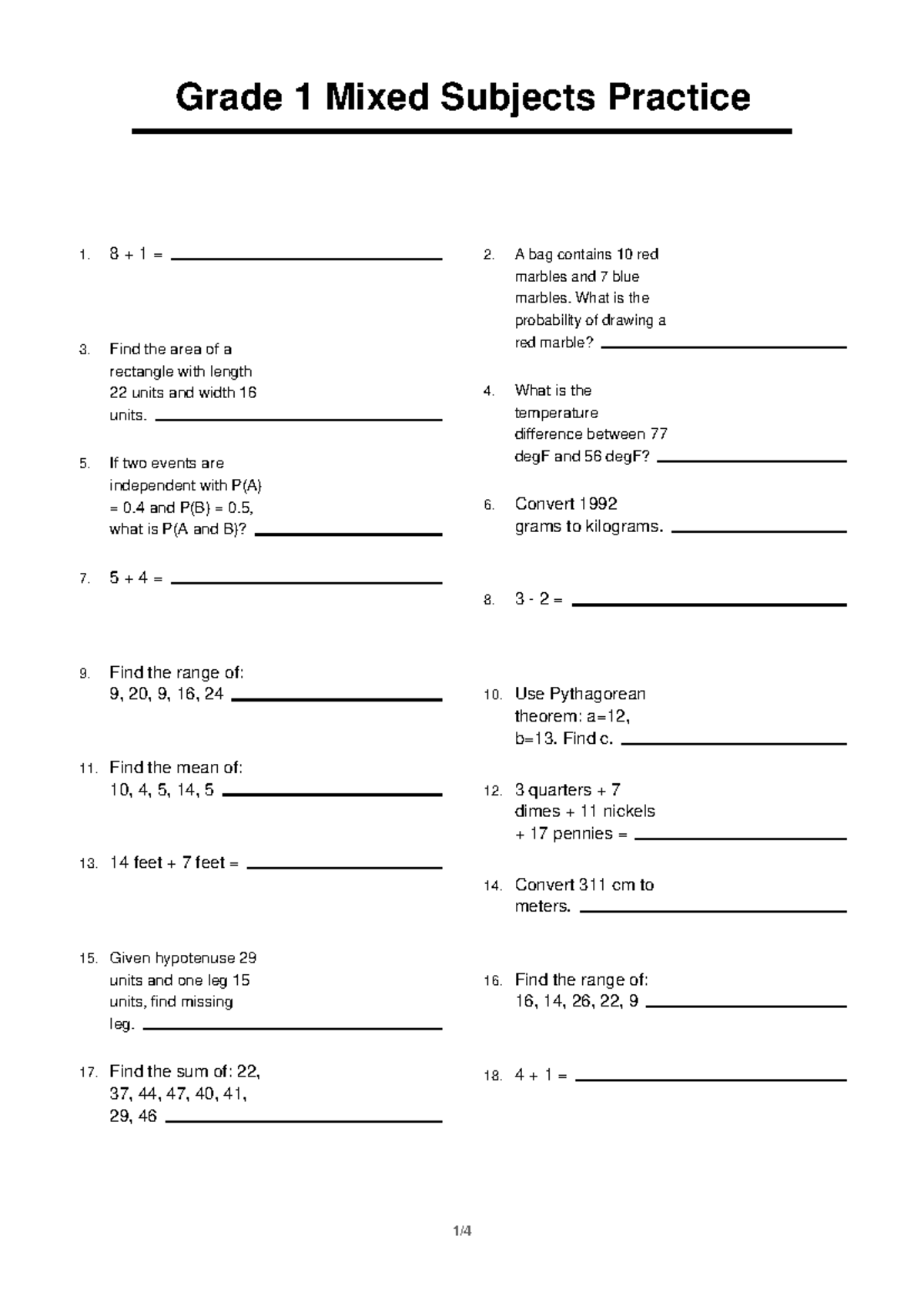 Grade 1 Mixed Subjects Practice 5: Math & Probability Exercises - Studocu