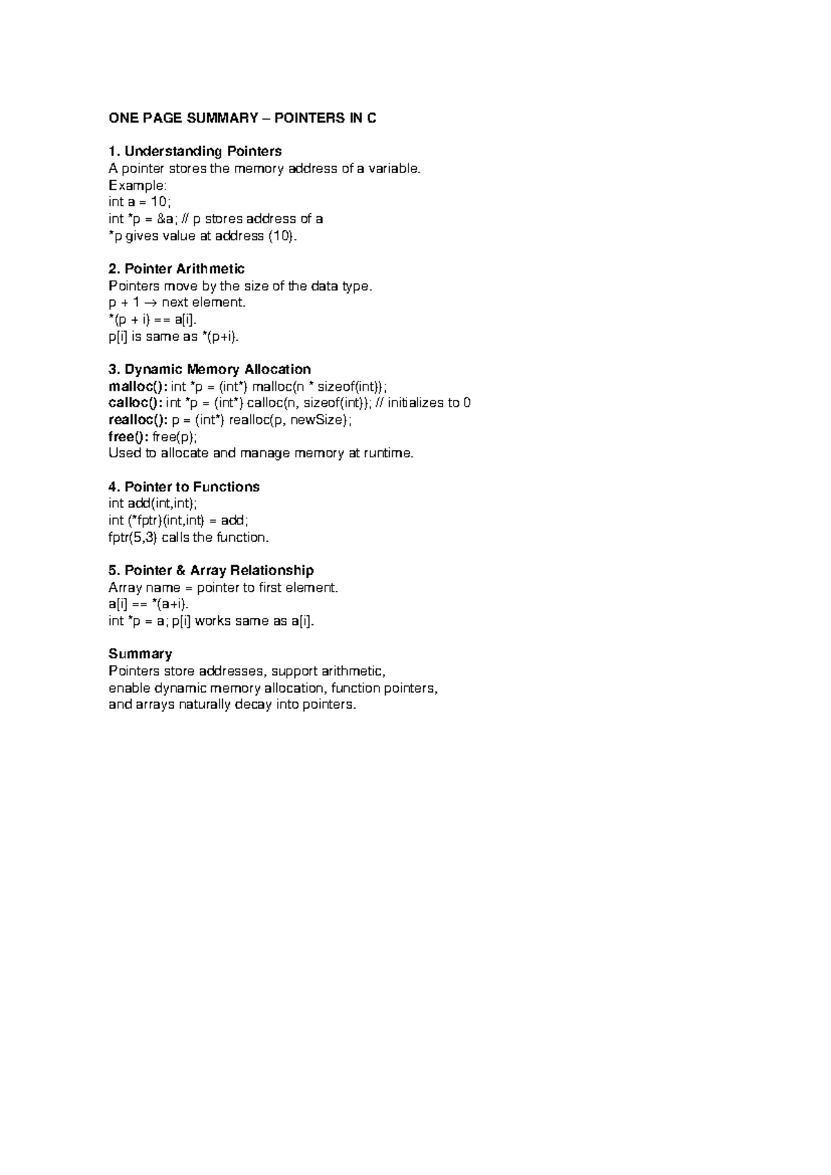 C Pointers Summary - Key Concepts and Notes - Studocu
