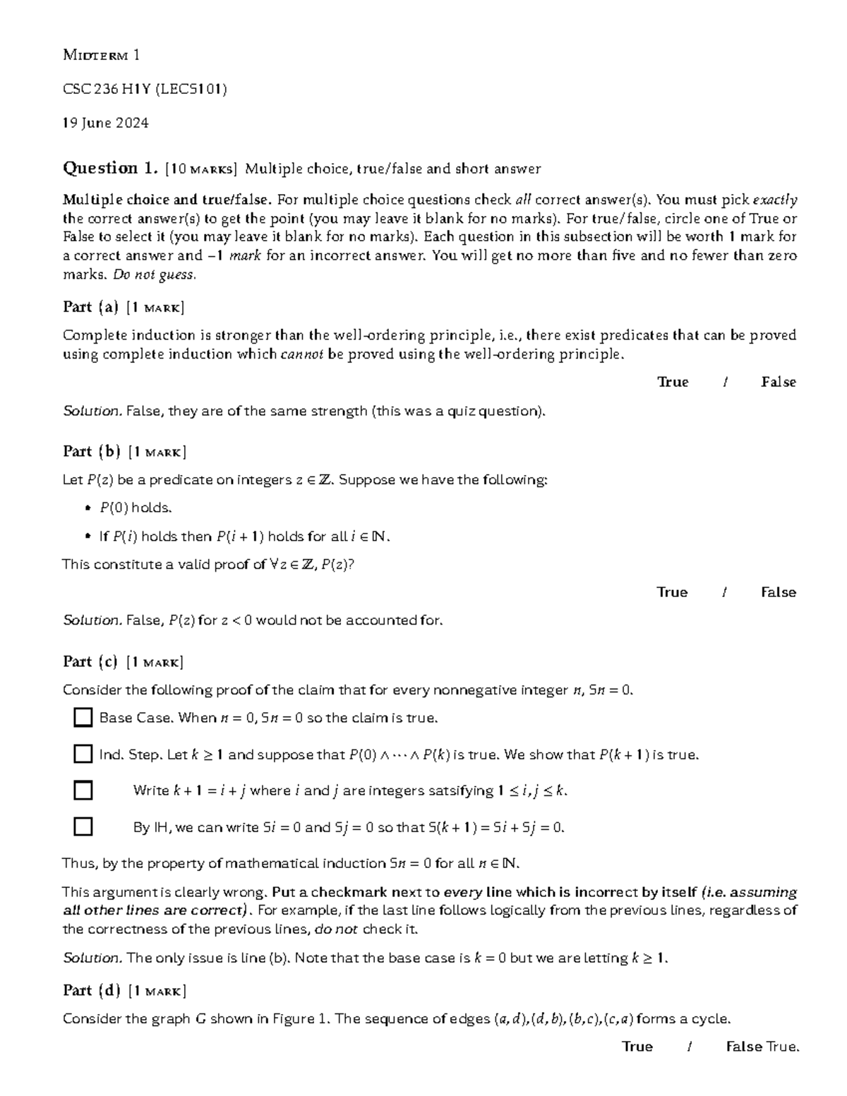 Midterm 1 Solutions for CSC 236 H1Y (LEC5101) - June 19, 2024 - Studocu