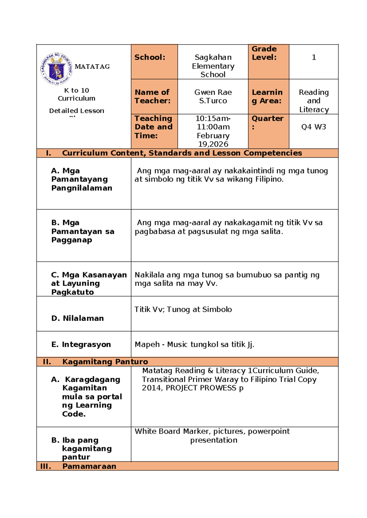 MATATAG K to 10 Curriculum Detailed Lesson Plan I: Reading D4 - Studocu