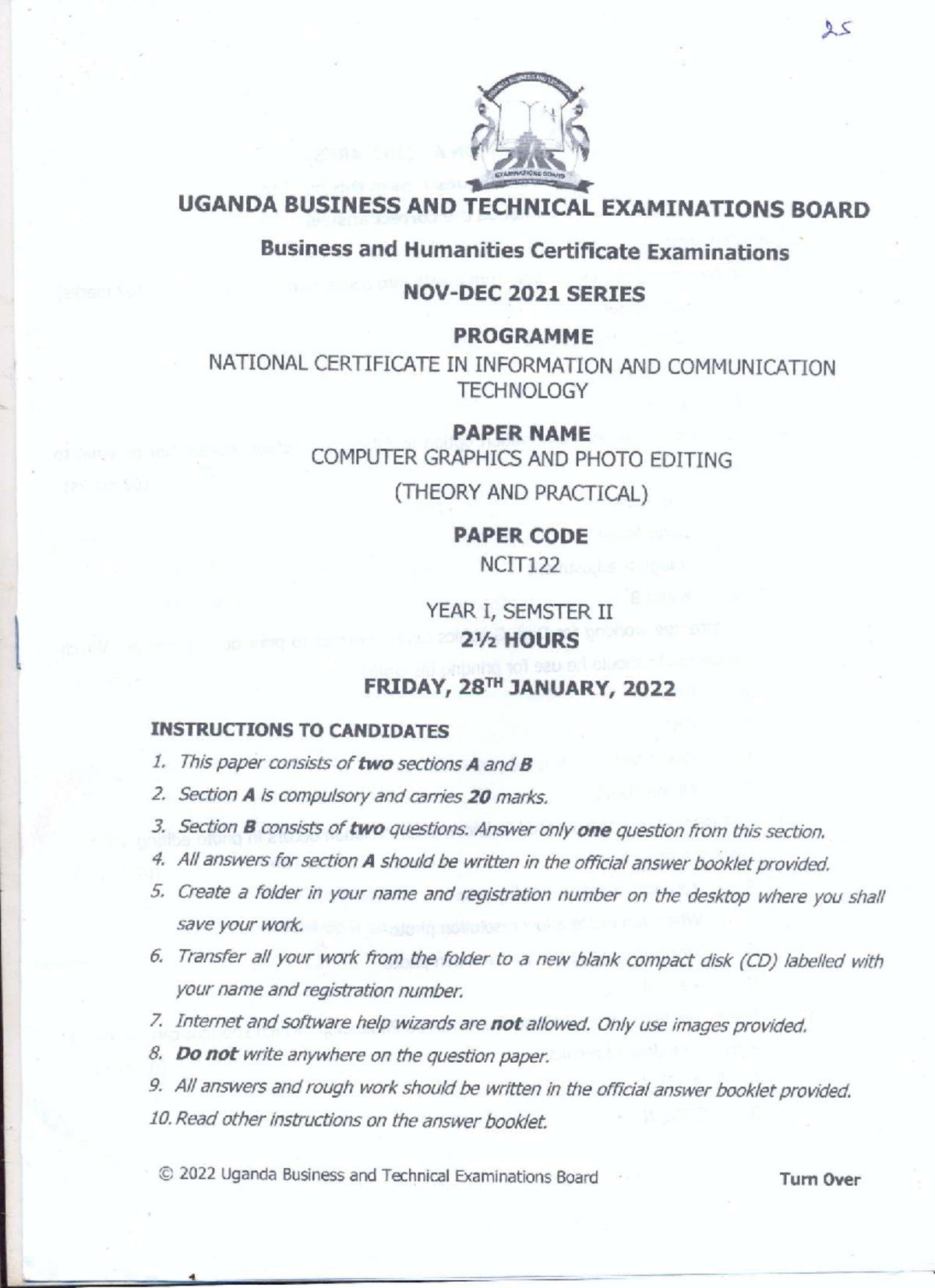 Ubteb Past Paper NCIT122: Computer Graphics & Photo Editing Exam 2022 ...