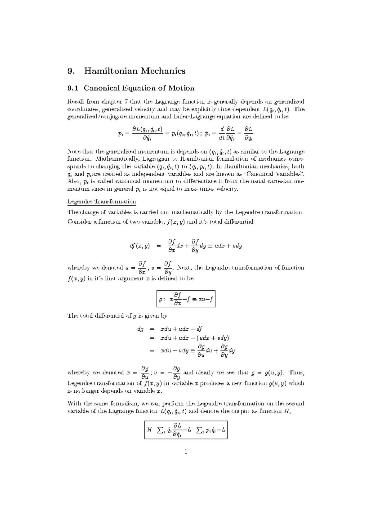 PC2132 CM: Hamiltonian Mechanics - Chapter 9 Summary - Studocu