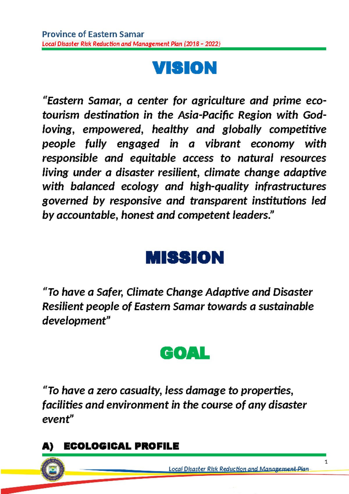 Eastern Samar Local Disaster Risk Reduction & Management Plan (2018 ...
