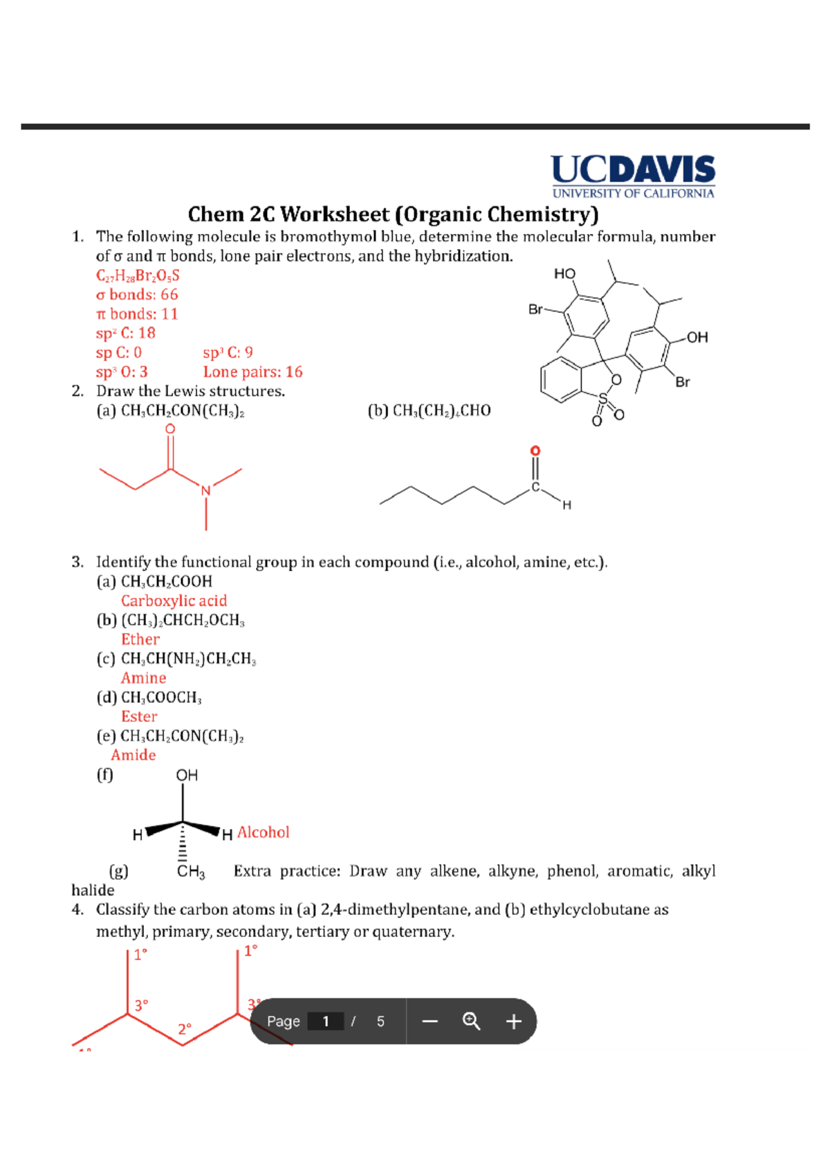 Chem 2C Organic Chemistry Worksheet: Molecular Structures & Bonds - Studocu