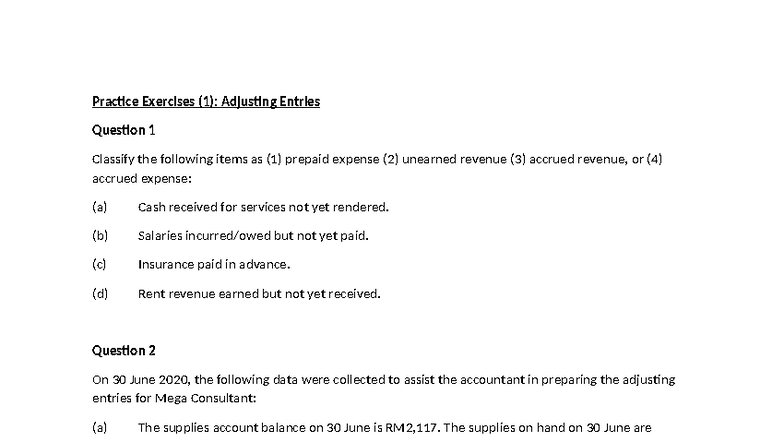 Practice Exercises (1): Adjusting Entries Classification & Effects ...
