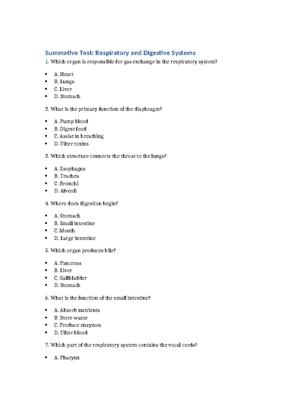 Summative Test: Respiratory & Digestive Systems (Student Version) - Studocu