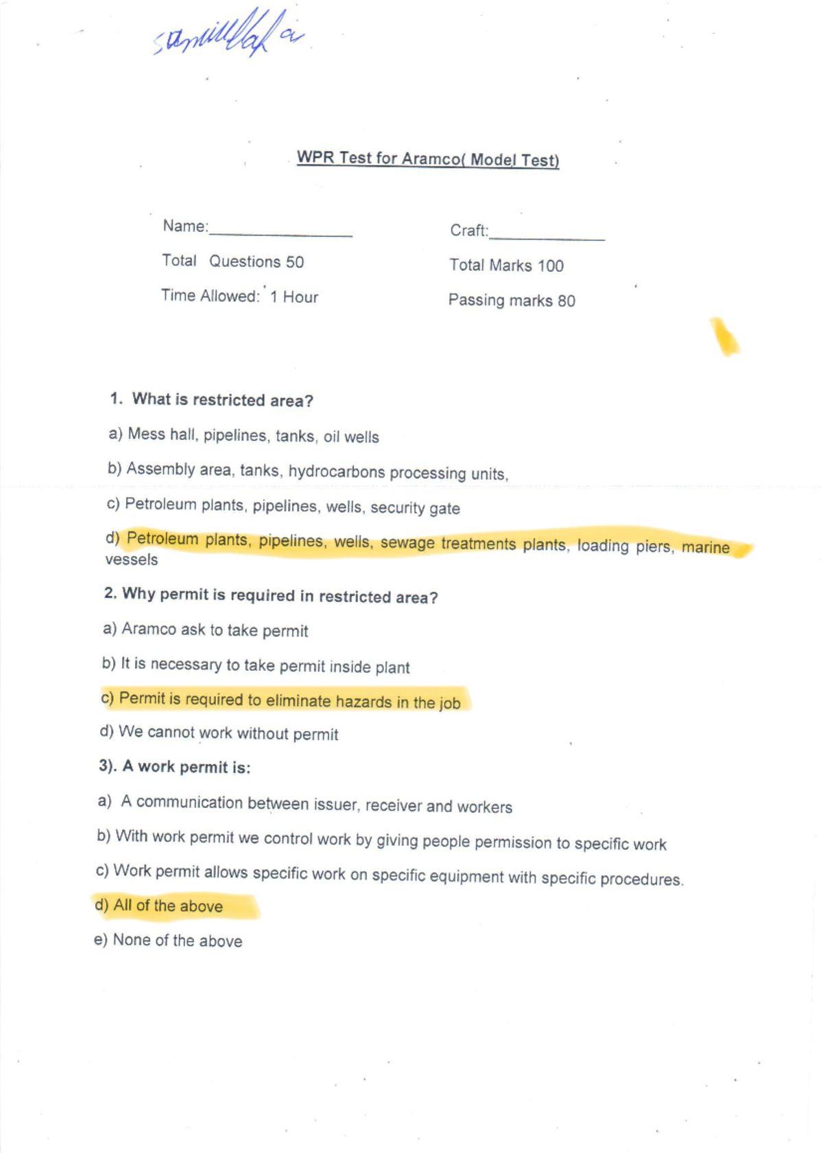 Aramco WPR Test Model (Total Questions: 50, Marks: 100) - Studocu